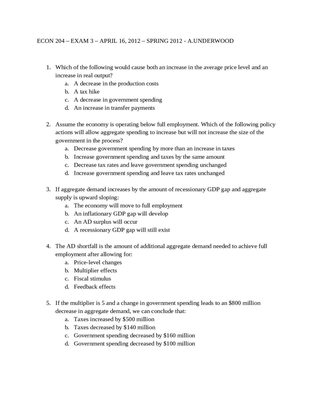 Problems On Principles Of Macroeconomics Exam Econ 204 Docsity