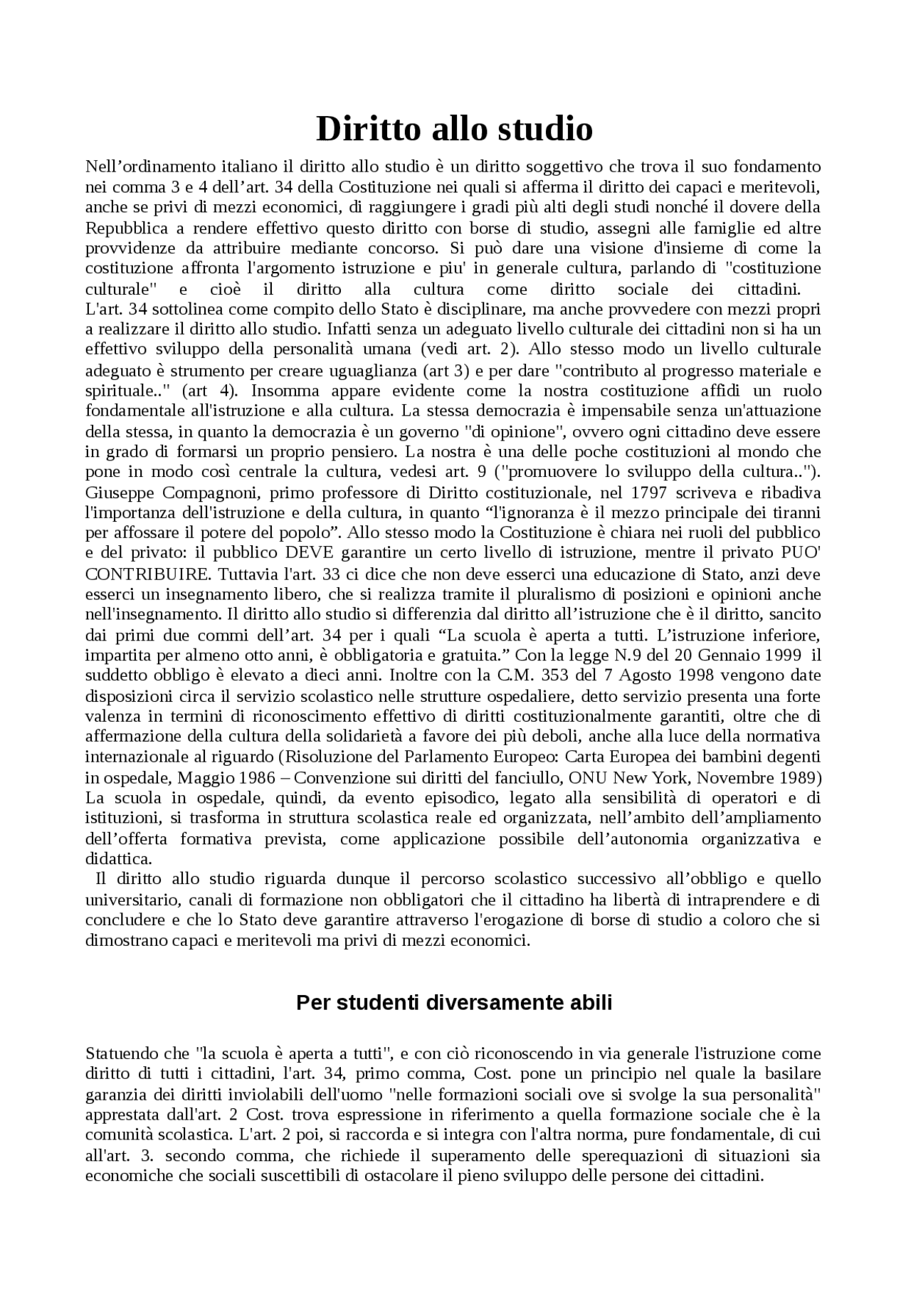 Diritto allo studio - Docsity