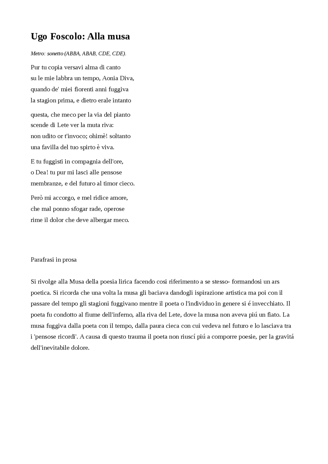 Ugo Foscolo Alla Musa Appunti Letteratura Italiana Docsity