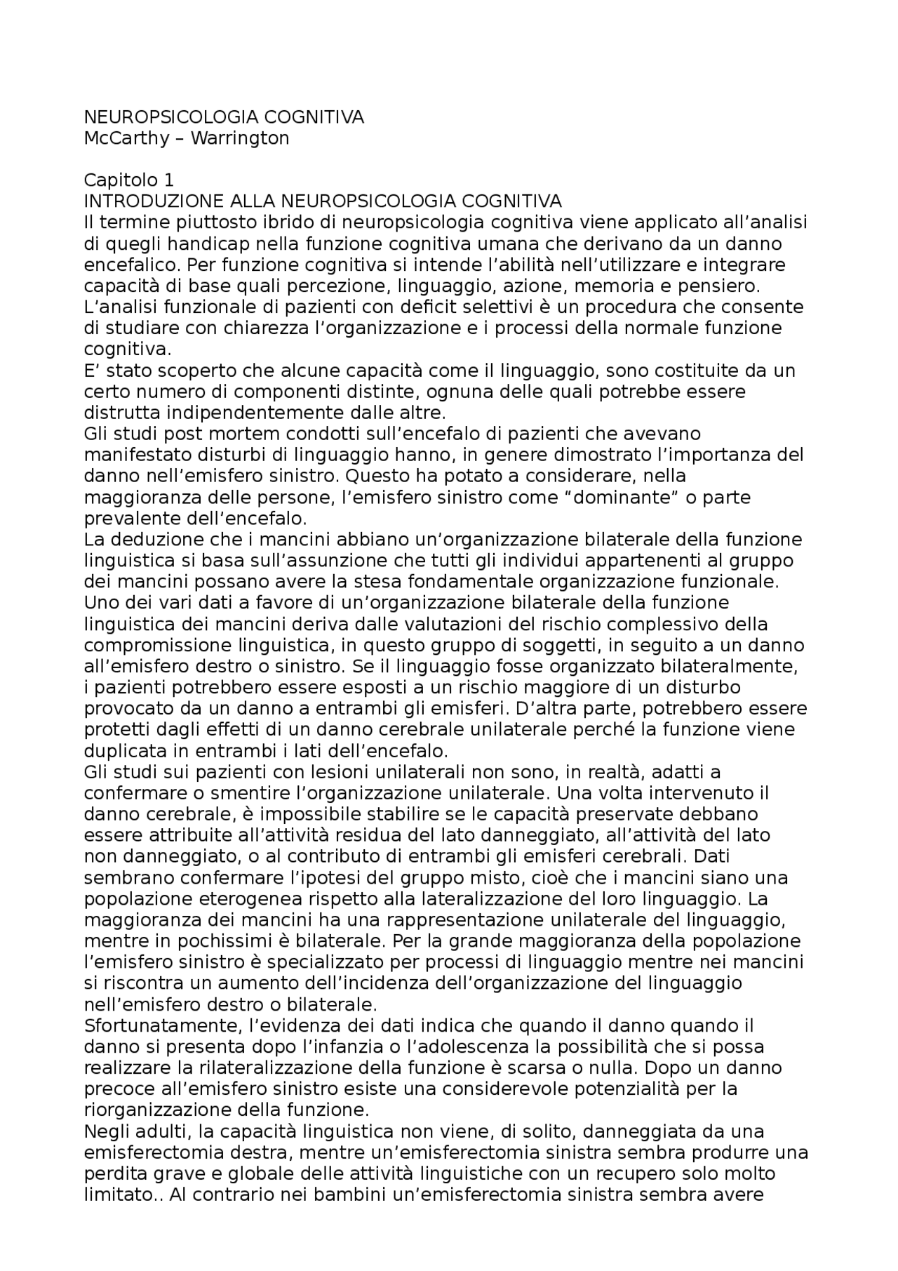 Neuropsicologia Cognitiva Appunti Di Psicologia Cognitiva Docsity