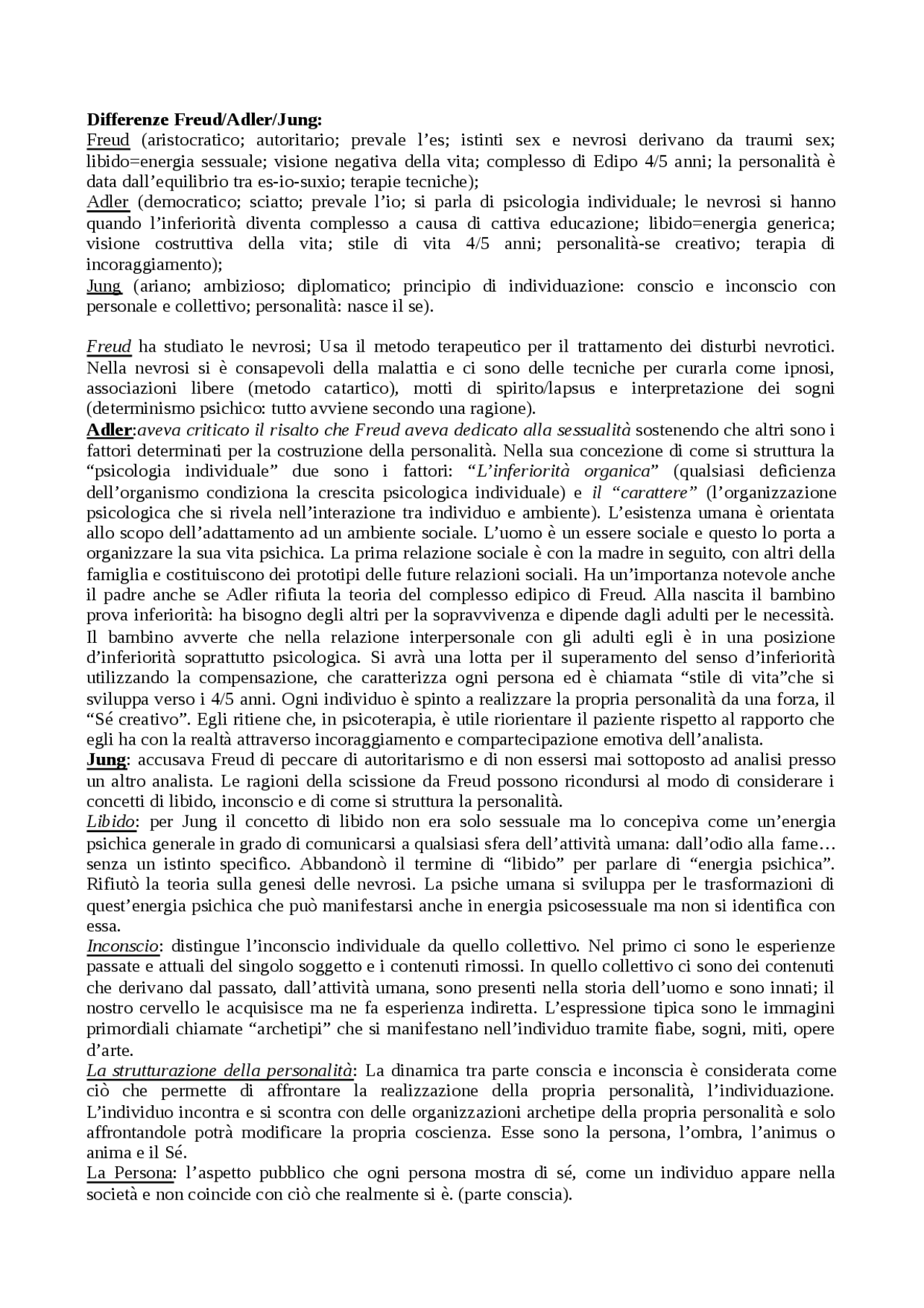 Differenze Freud Adler E Jung Appunti Di Psicologia Dinamica Docsity