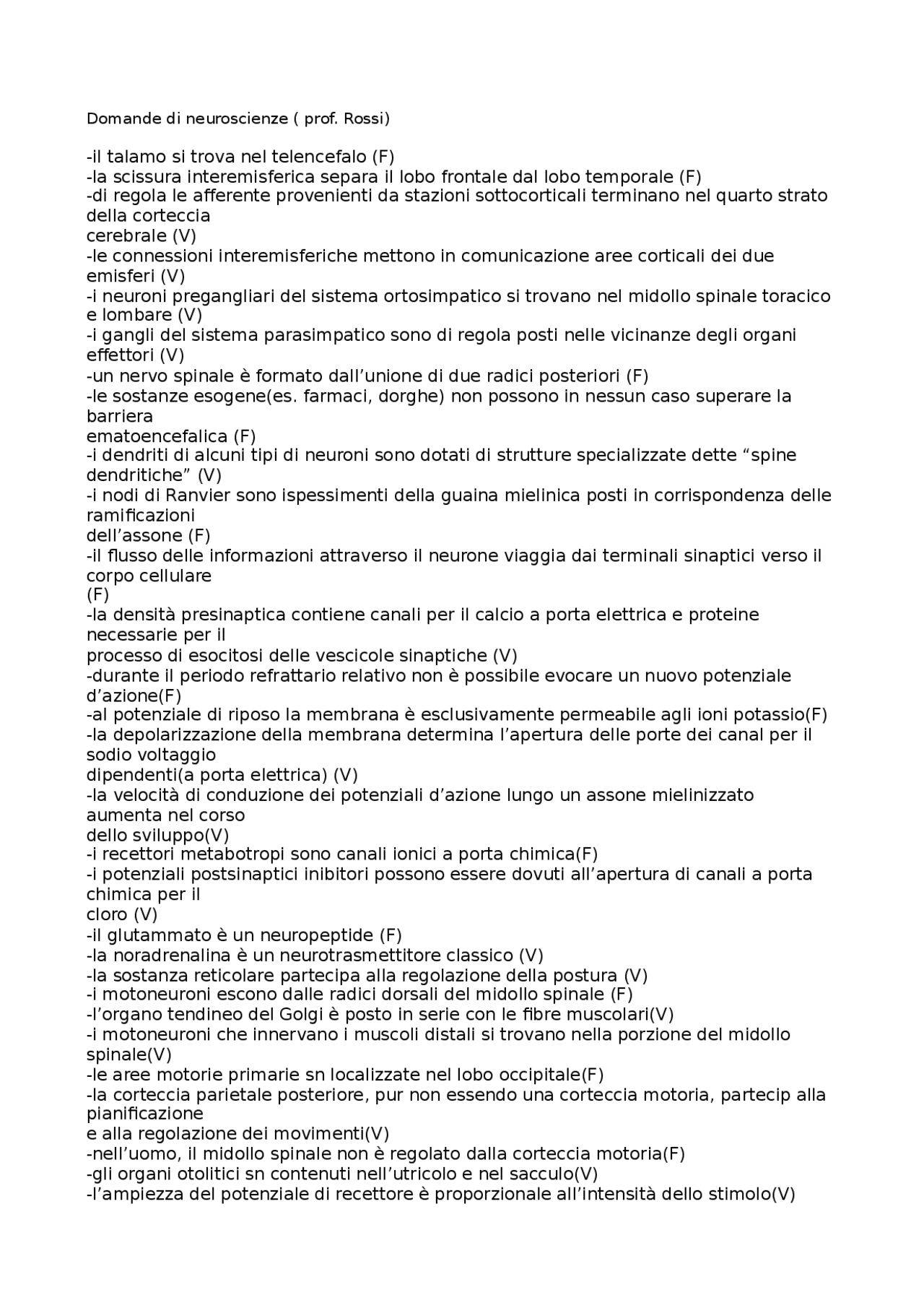Domande Di Neuroscienze Prove Desame Di Neuroscienze Docsity