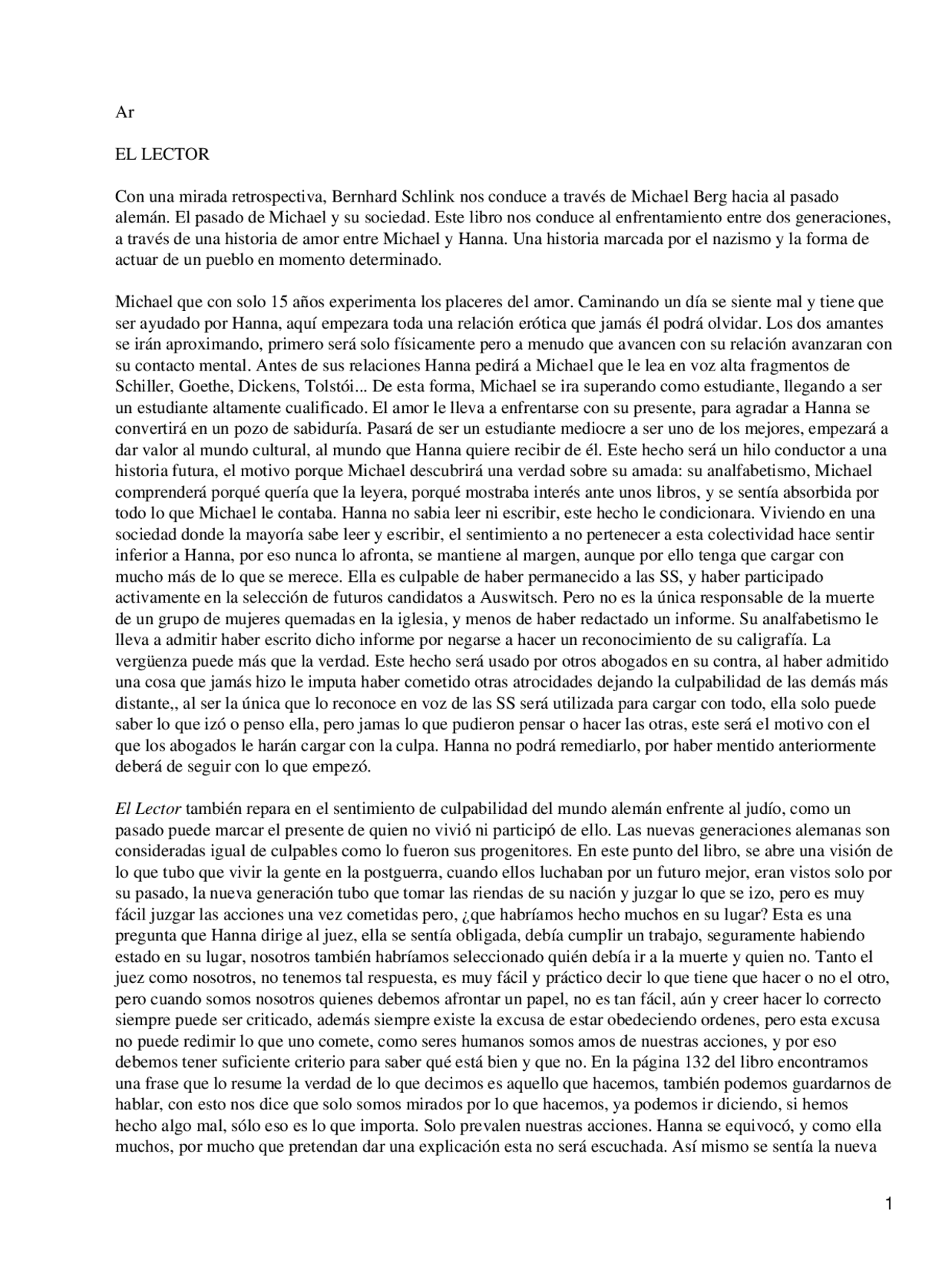 El Lector, Bernhard Schlink - Literatura Contemporánea - Resumen - Docsity