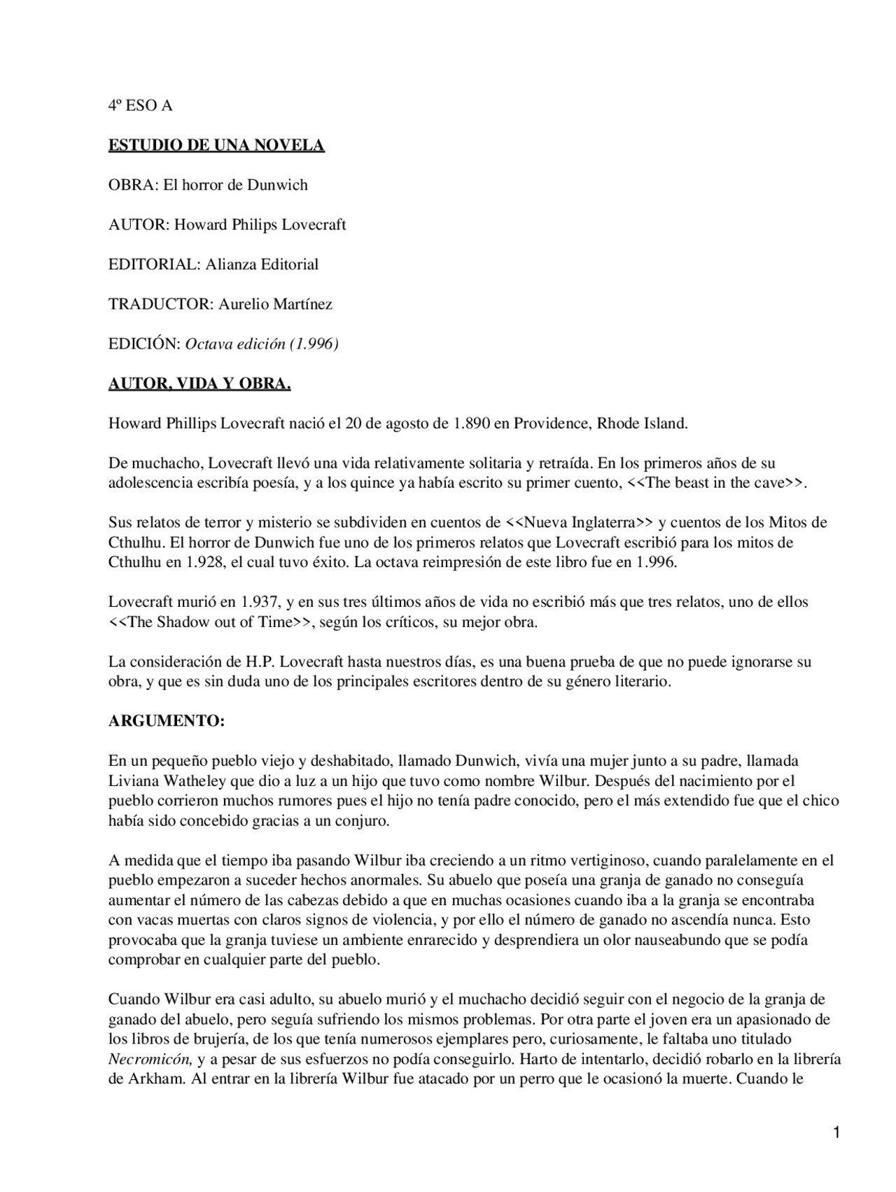 El Horror de Dunwich, HP Lovecraft - Literatura del Siglo XX - Resumen ...
