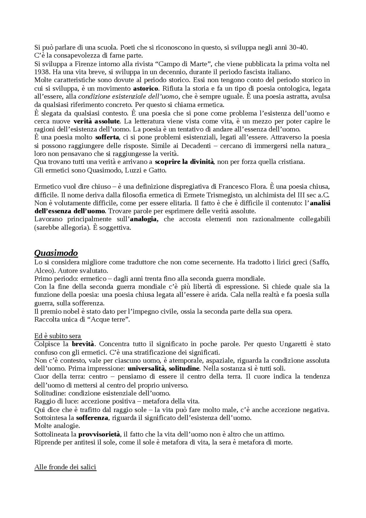 Ermetismo E Quasimodo Docsity