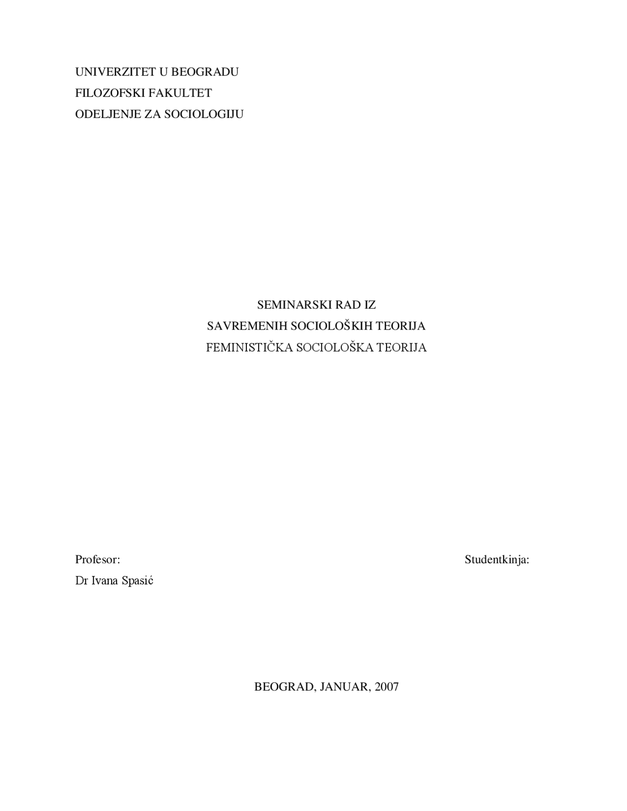 FEMINISTIČKA SOCIOLOŠKA TEORIJA-Savremene socioloske teorije-Seminarski rad-Sociologija ...