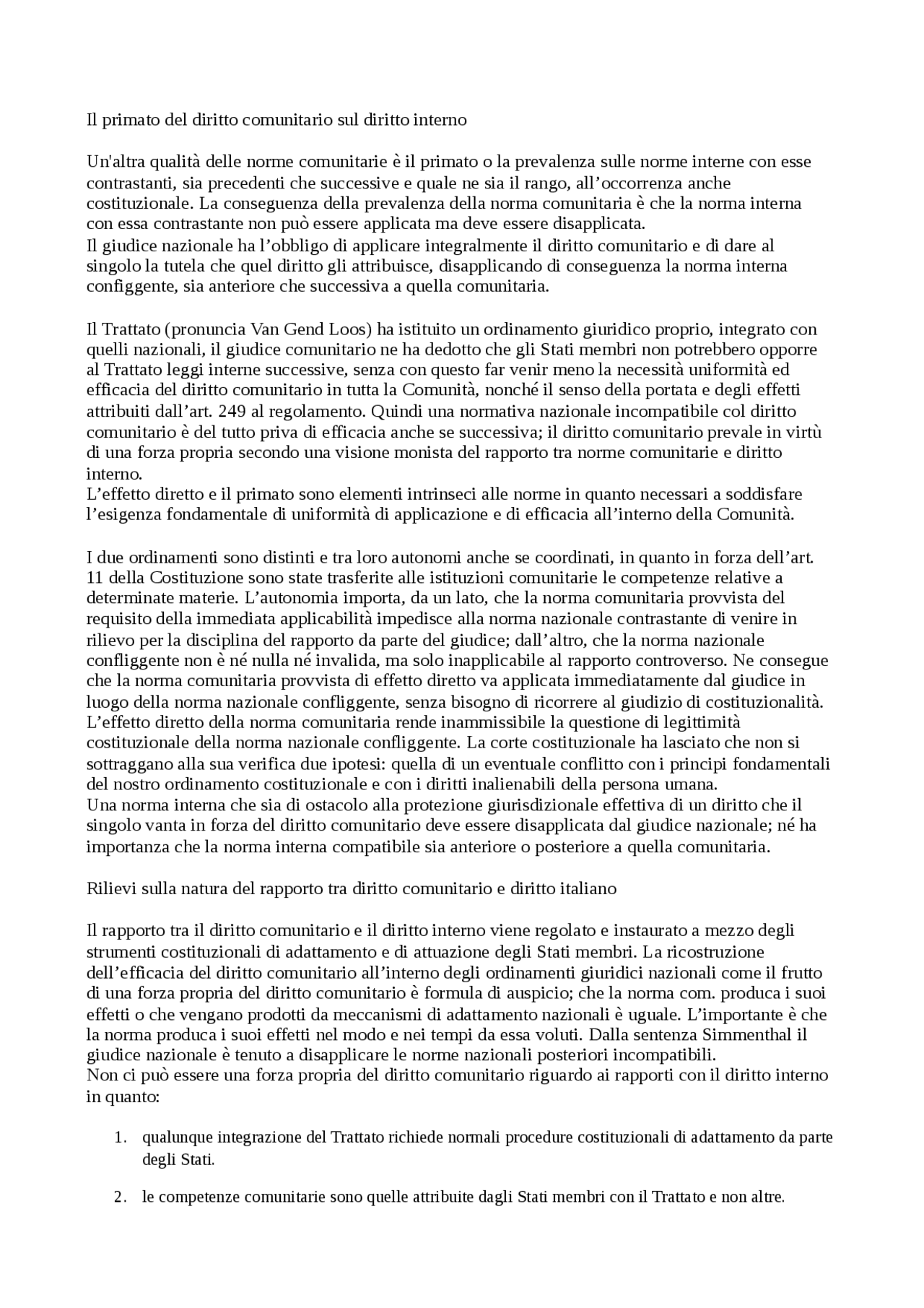 Il Primato Del Diritto Comunitario Sul Diritto Interno Docsity
