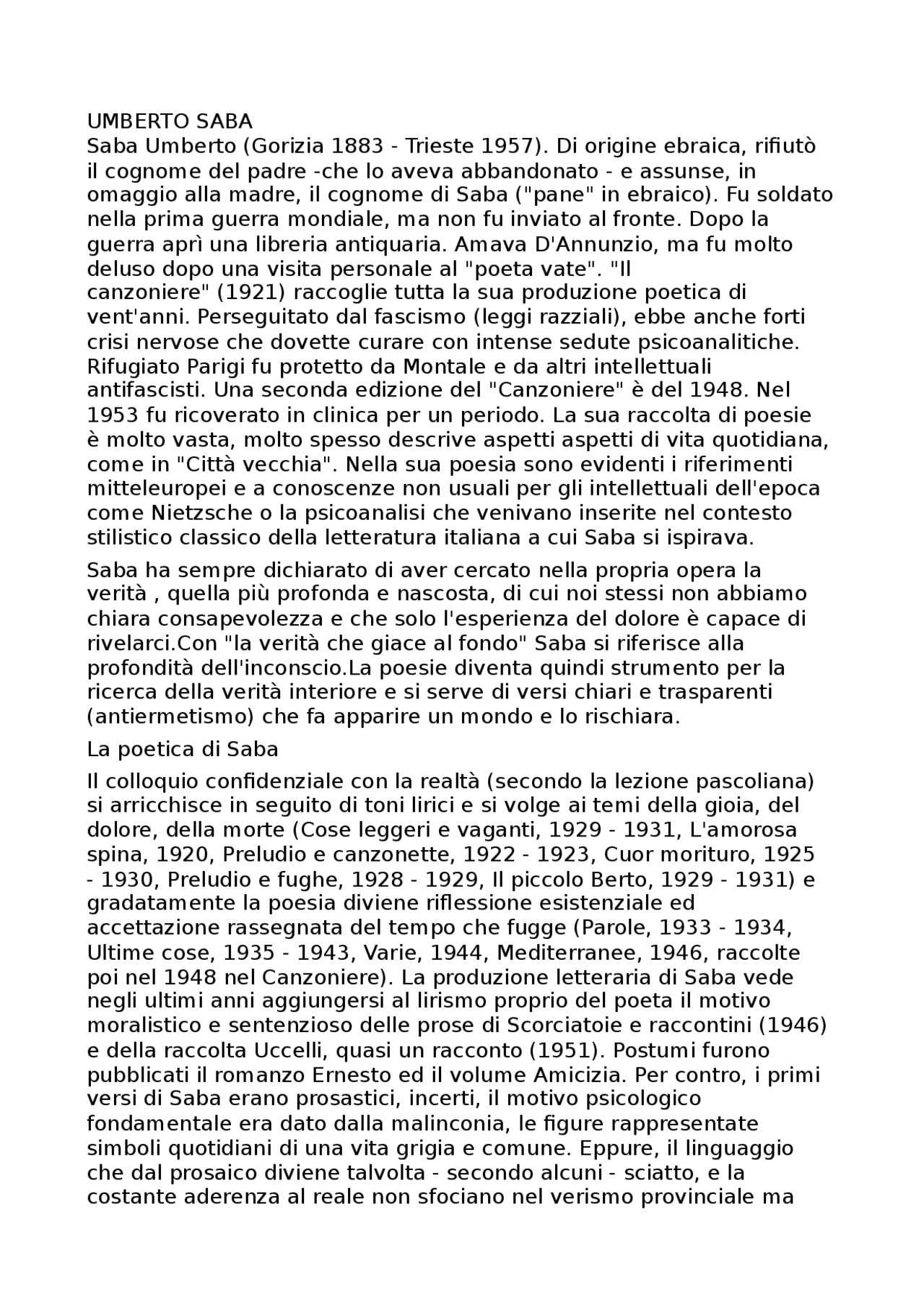 Umberto Saba Docsity