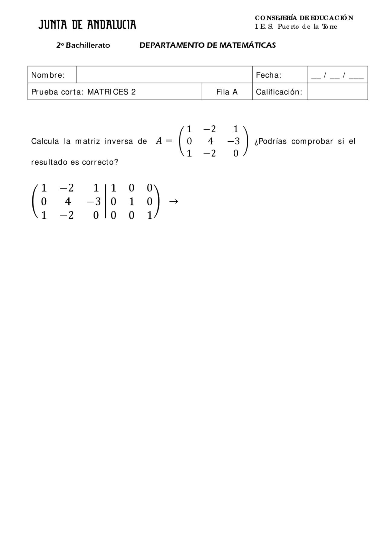 Prueba de Matrices 2- Examen - Andalucia - Docsity