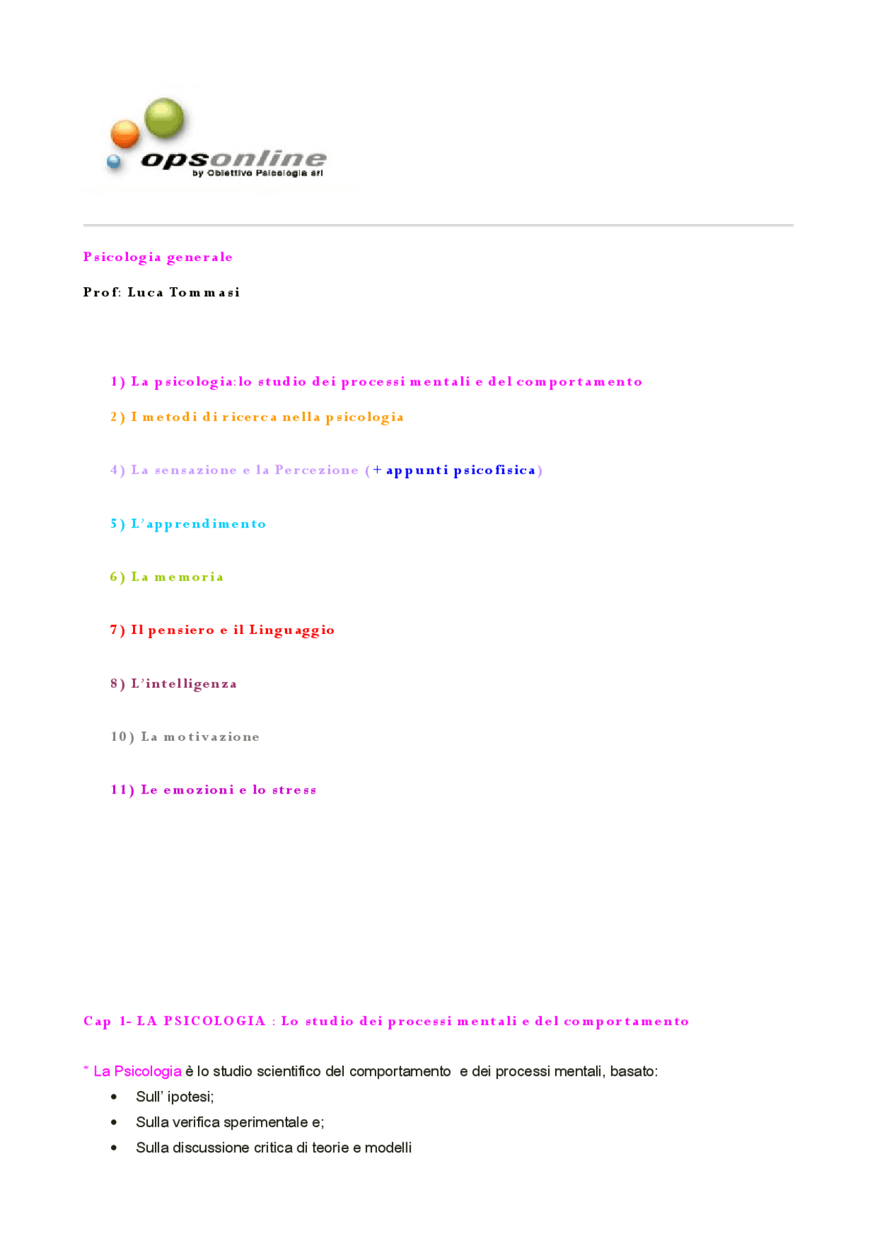 Appunti Psicologia Generale Docsity