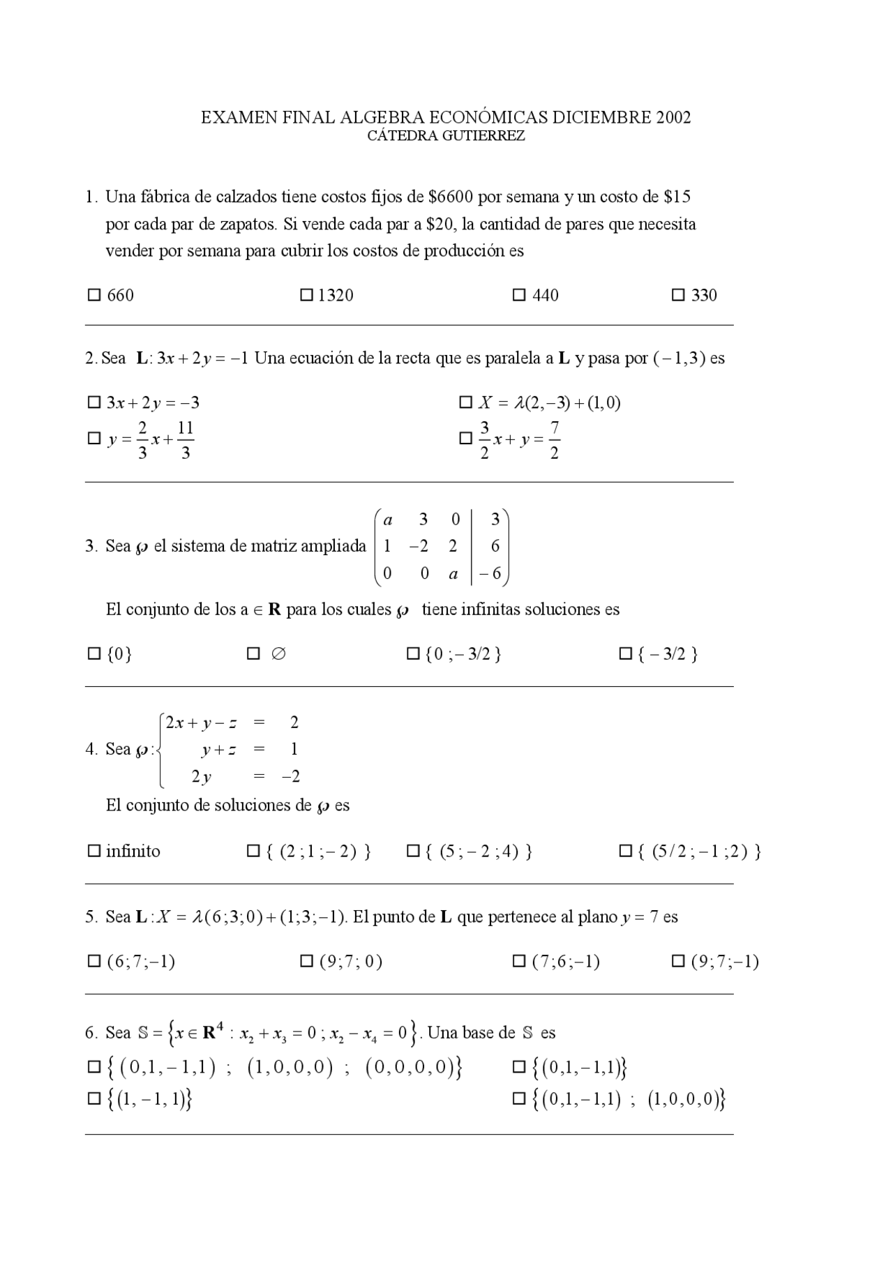 Algebra Examen Final Diciembre 2002 Docsity