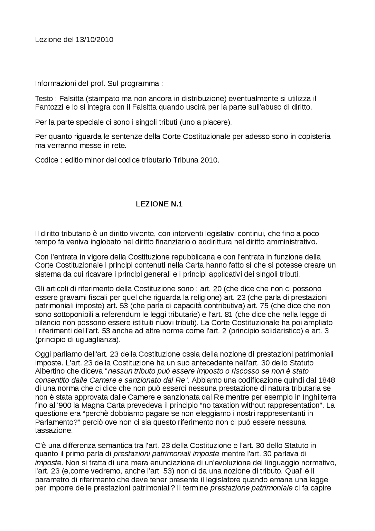 Sbobinature delle lezioni di diritto tributario - Docsity