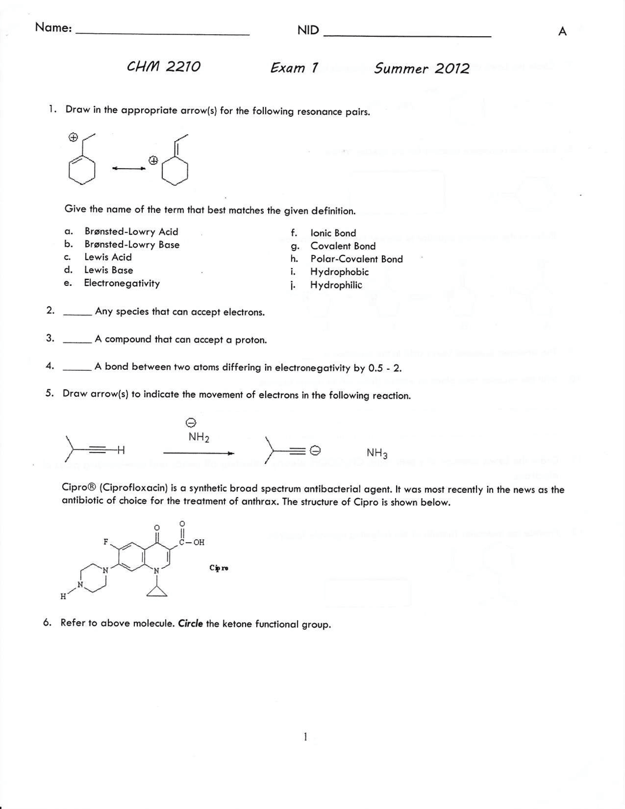 Exam I Questions on Organic Chemistry I - Summer 2012 | CHM 2210 - Docsity