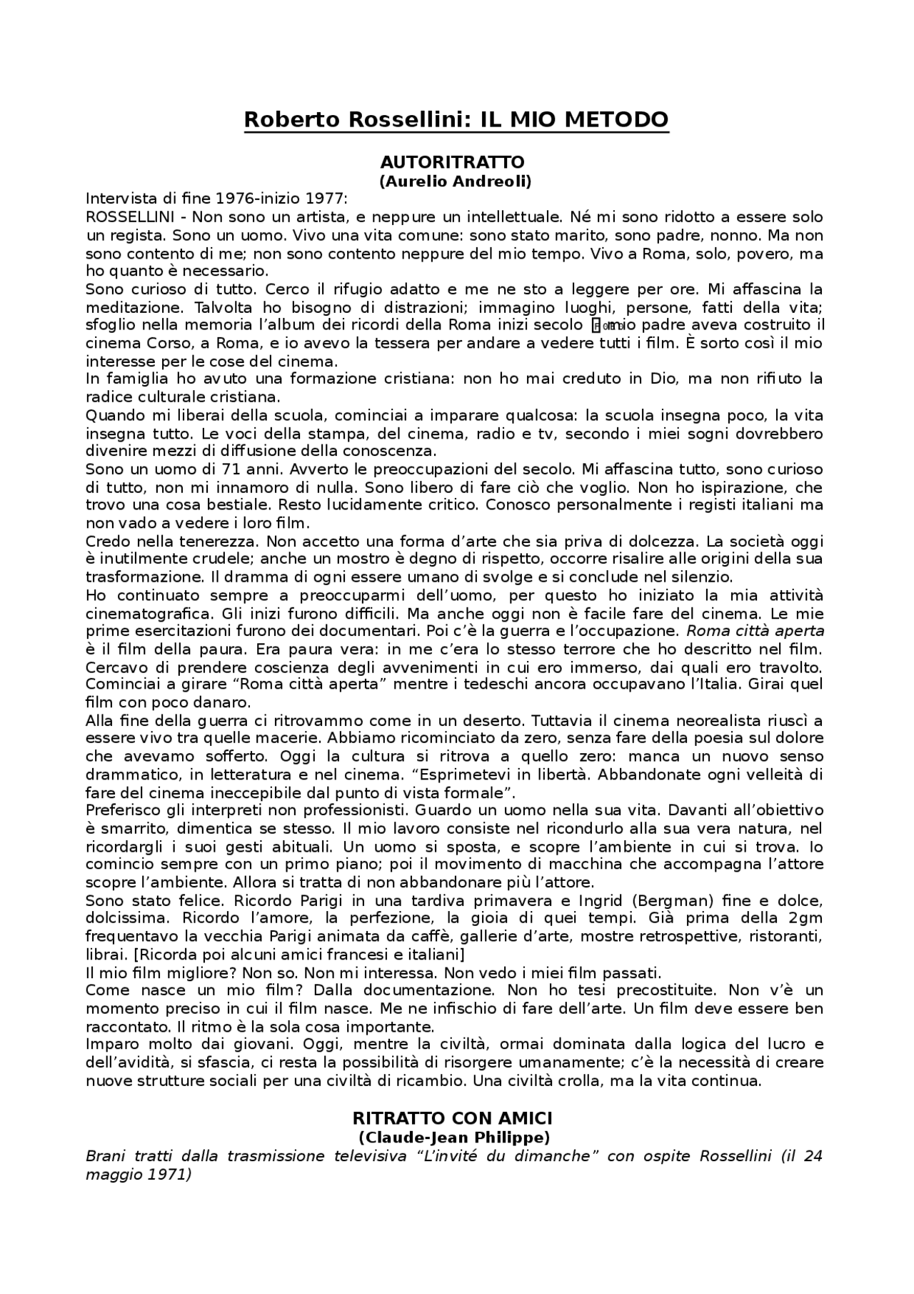 Il mio Metodo - Roberto Rossellini - Riassunto - Docsity