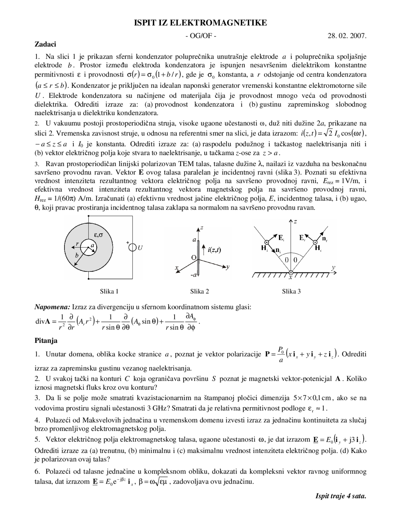 Ispit-Elektromagnetika-Elektrotehnicki fakultet 20070228 OF | Ispiti' predlog Teorija ...