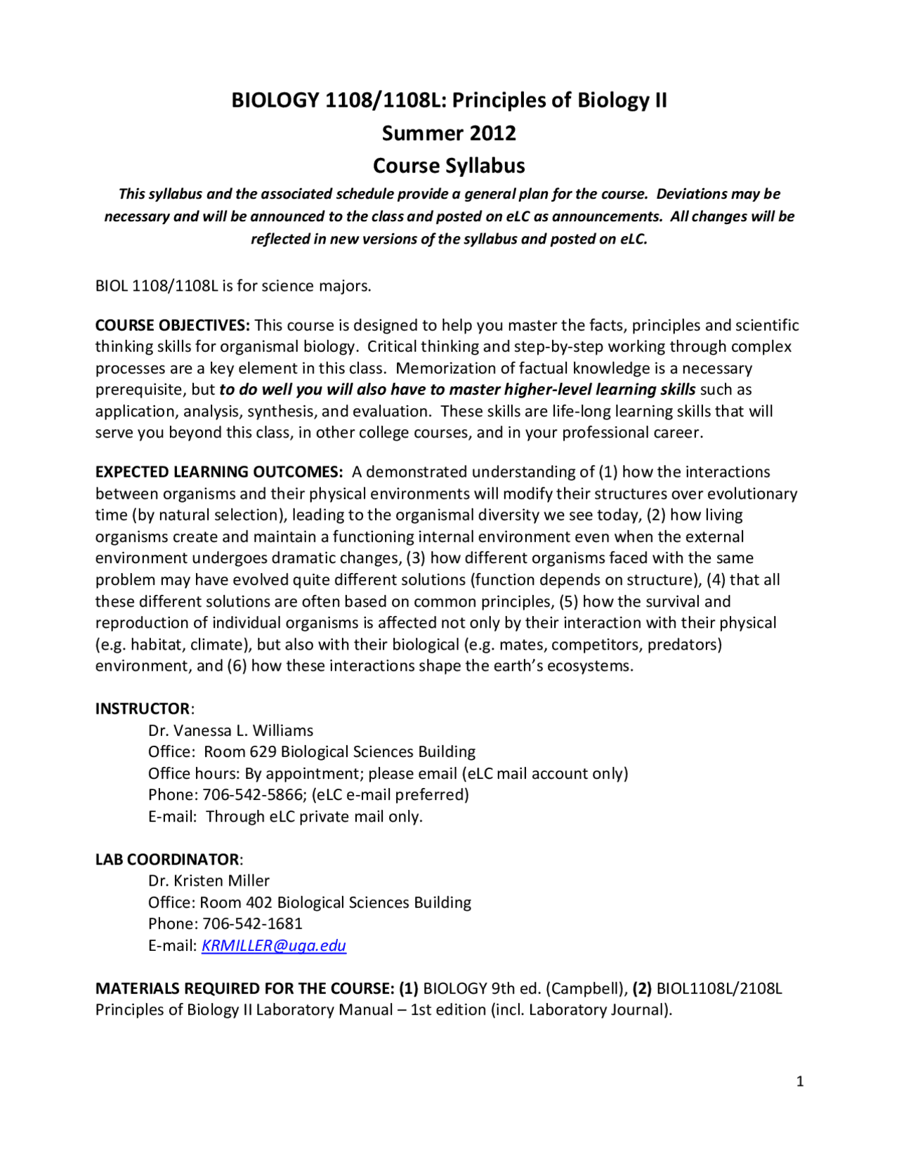 Course Syllabus for Principles of Biology II | BIOL 1108 - Docsity