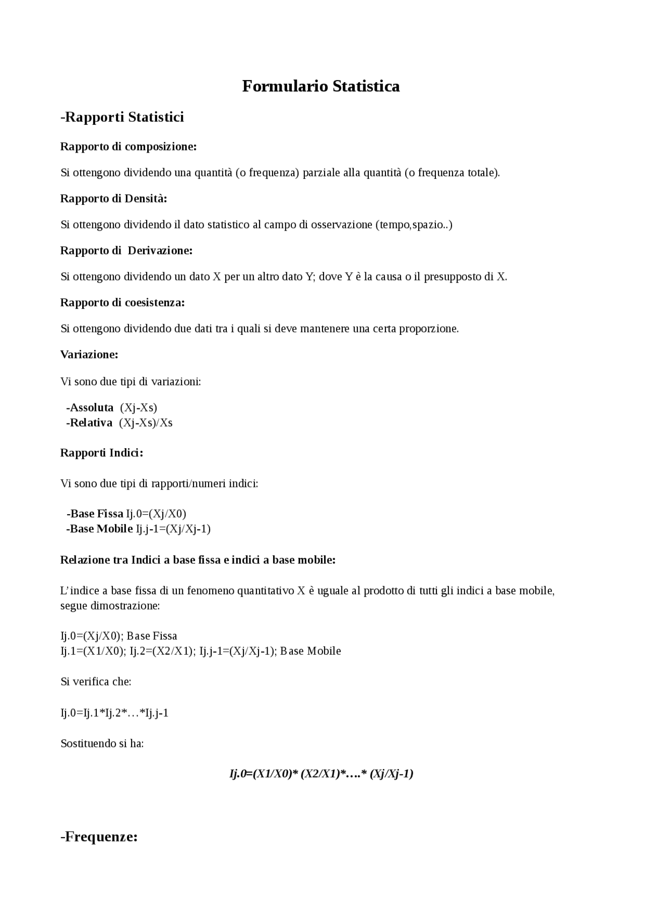 Formulario 1 Statistica descrittiva (Economia) - Docsity