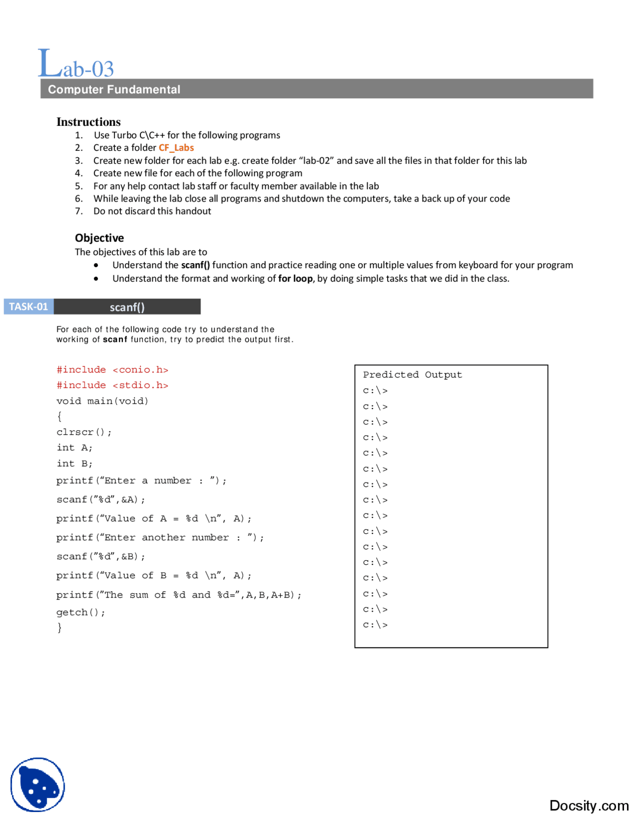 Lab-03 Instructions for Understanding scanf() function and for loop in C++ | Exercises Computer ...
