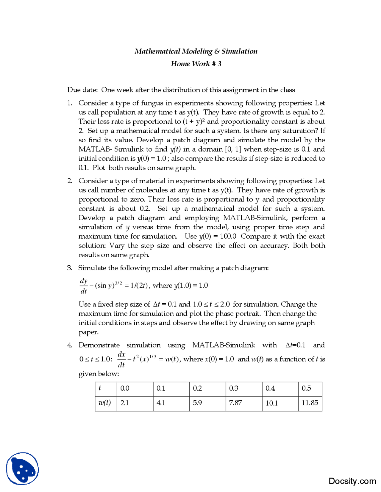Fungus Decay Model, MATLAB Simulation-Mathematical Modeling and Simulation-Homework - Docsity