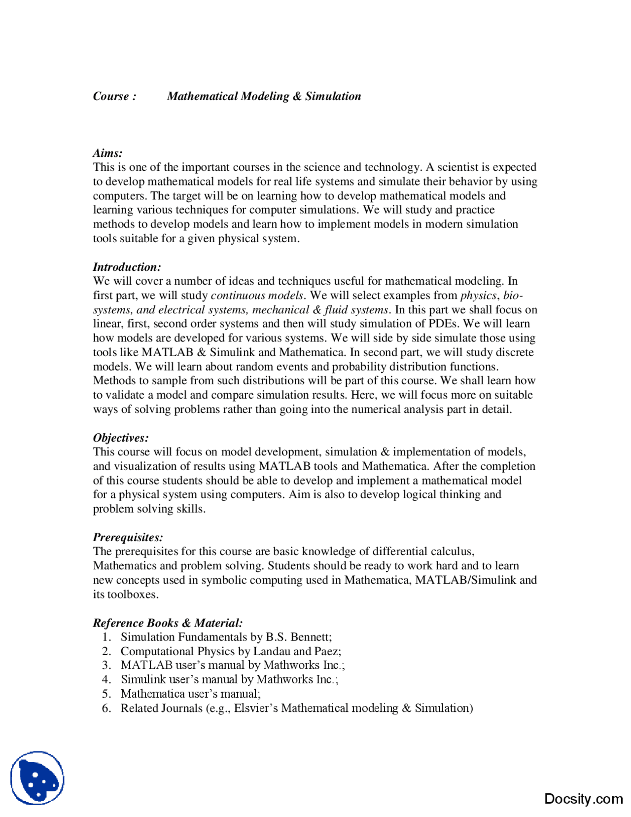 Course Contents Mathematical Modeling And Simulation Lecture Slides