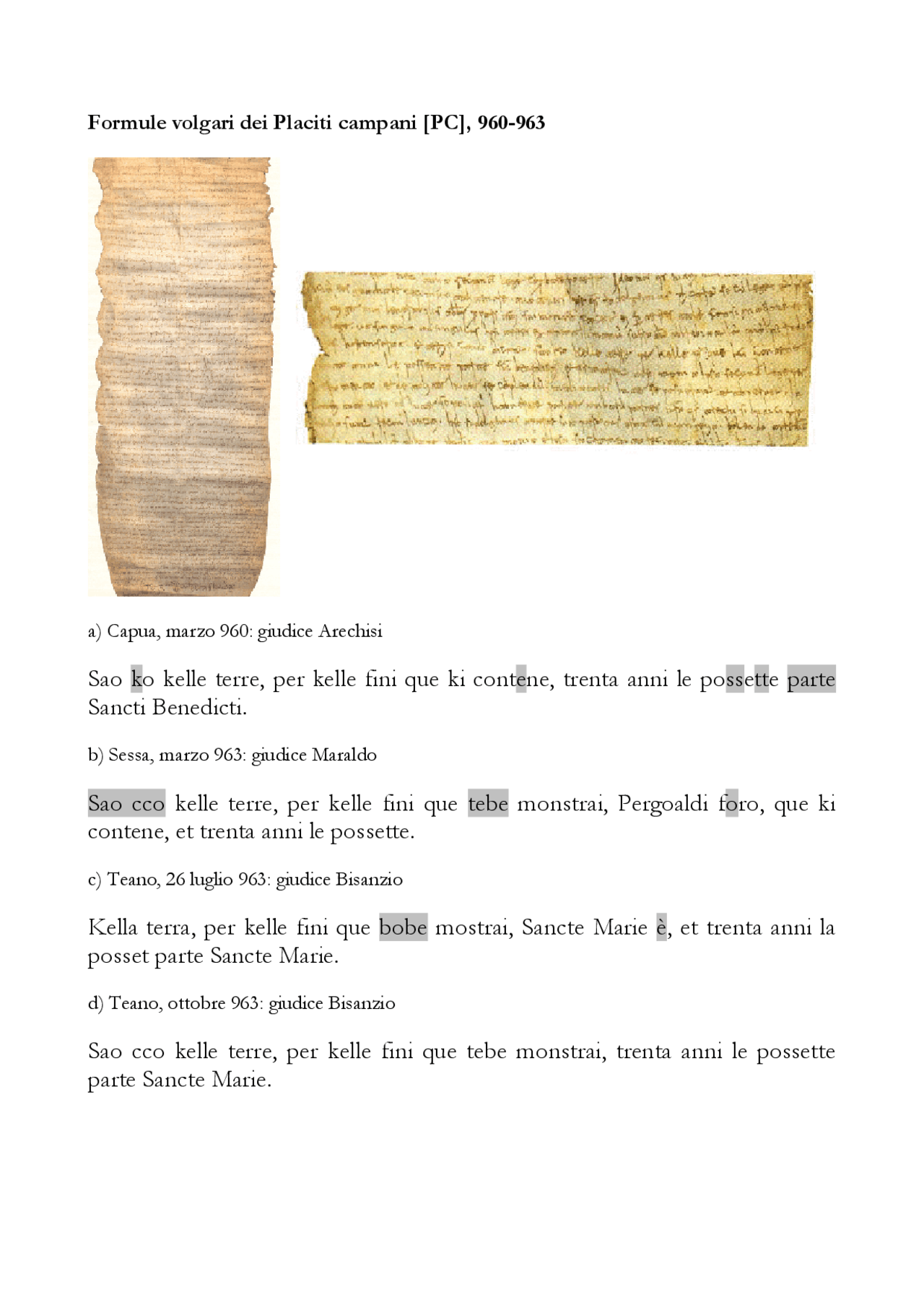 Formule volgari dei Placiti campani [PC], 960-963 - Docsity