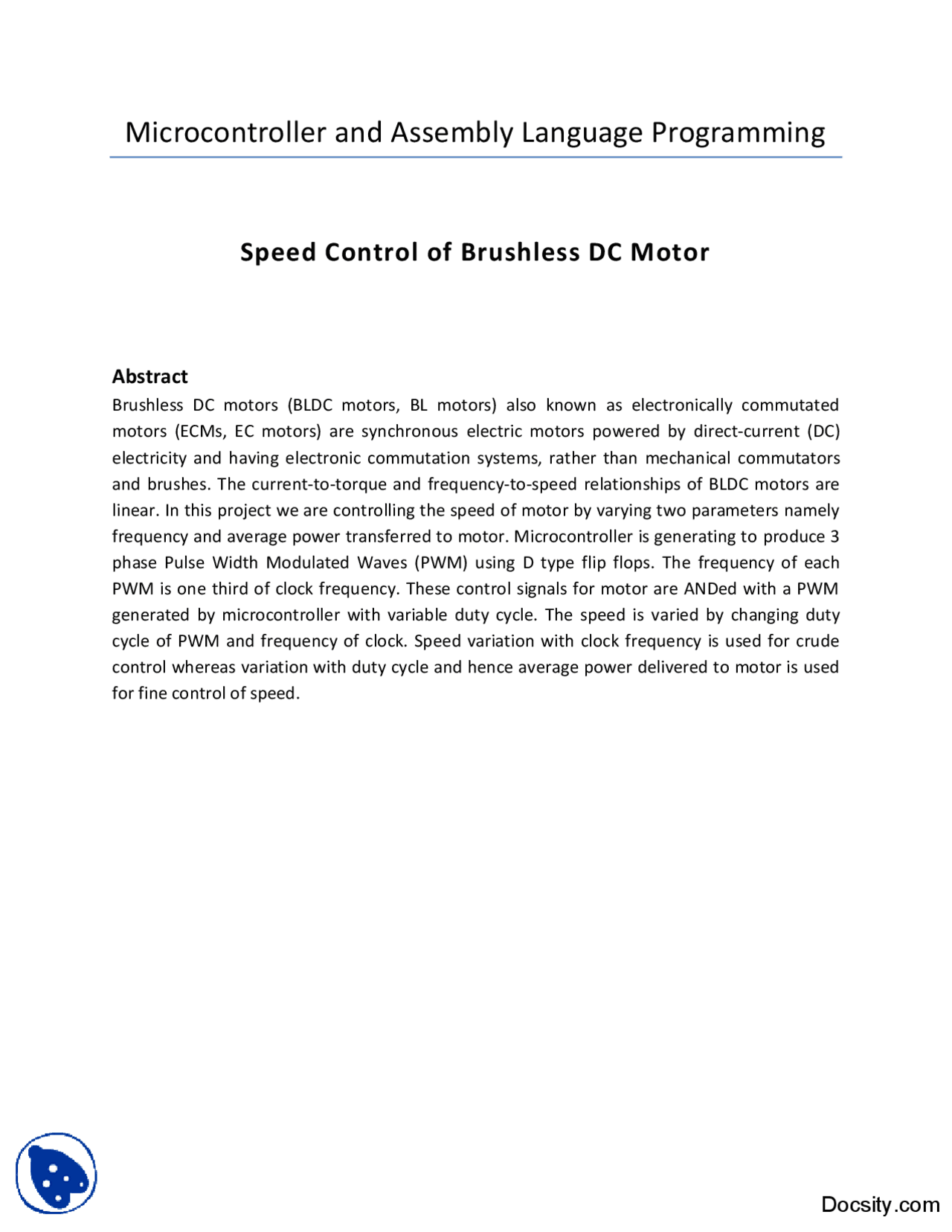 Speed Control Of Brushed D C Motor Microcontroller And Assembly Language Project Report