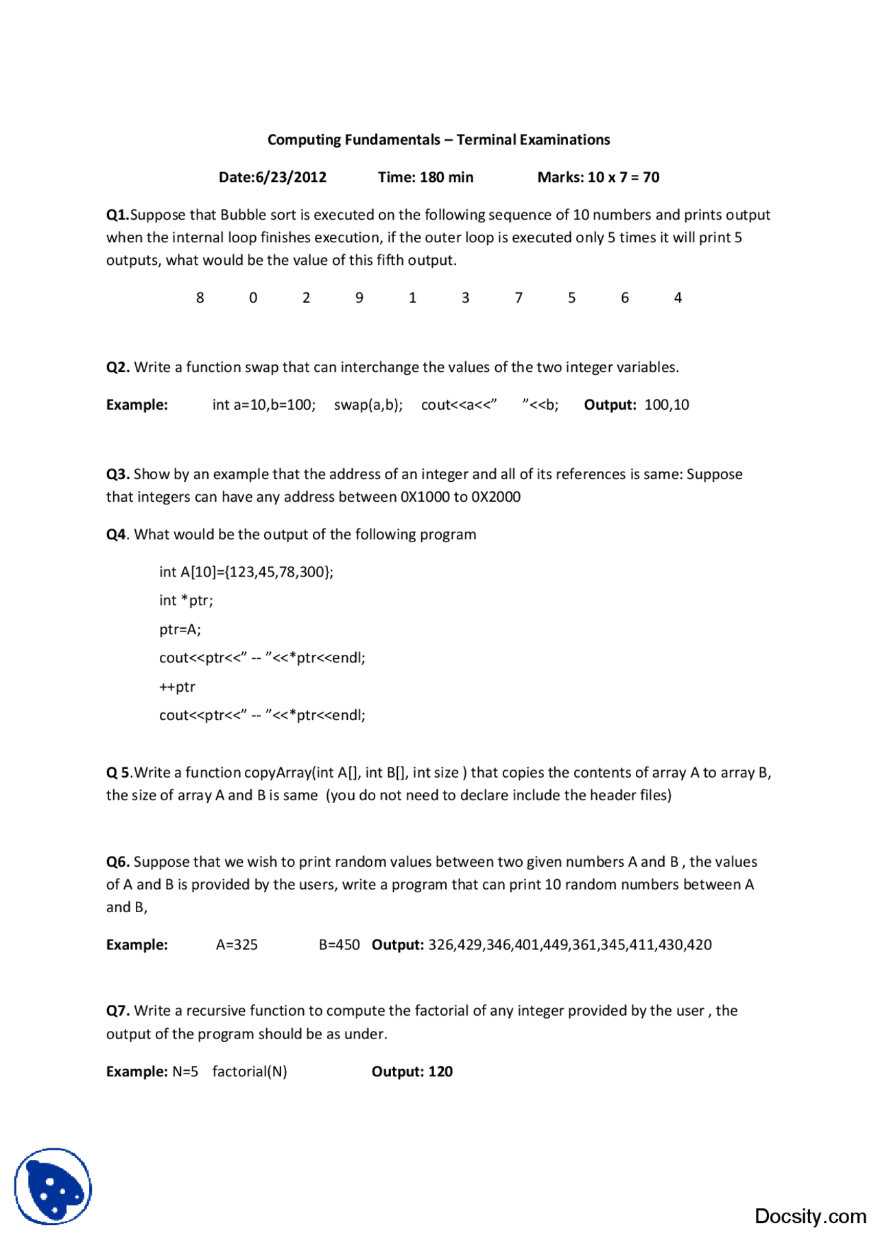 Loops Functions Arrays 2011 Computer Fundamentals Exam Paper Docsity