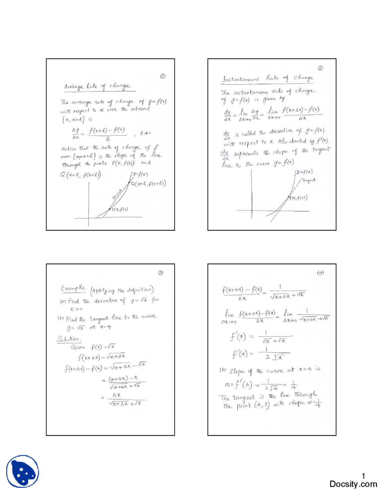 Rate of Change, Tangent-Calculus-Lecture Notes - Docsity