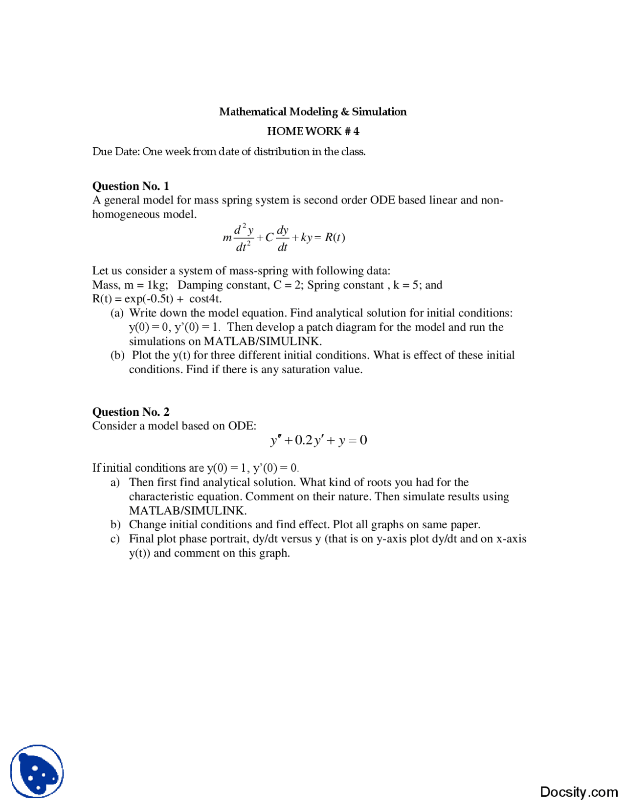 Second Order Ordinary Differential Equations-Mathematical Modeling and Simulation-Homework - Docsity