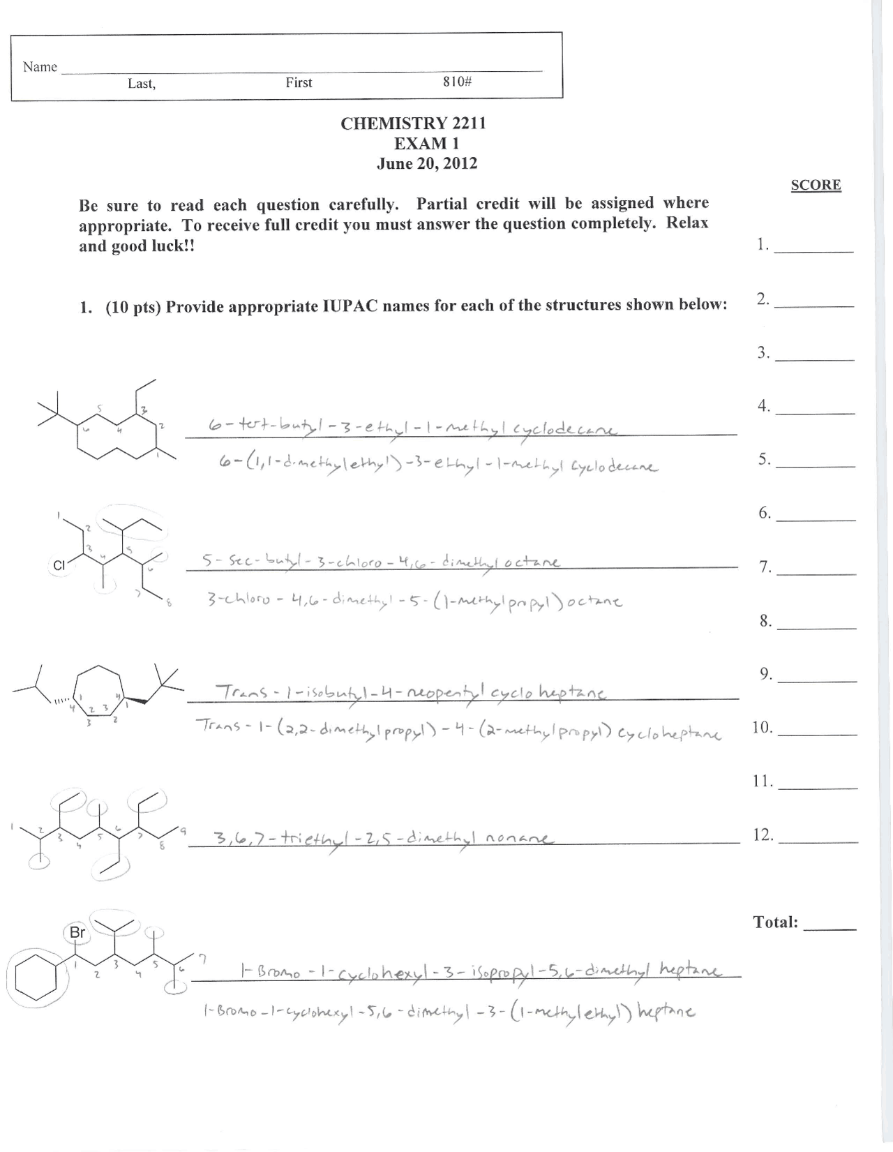 12 Questions of Modern Organic Chemistry I - Exam 1 | CHEM 2211 - Docsity