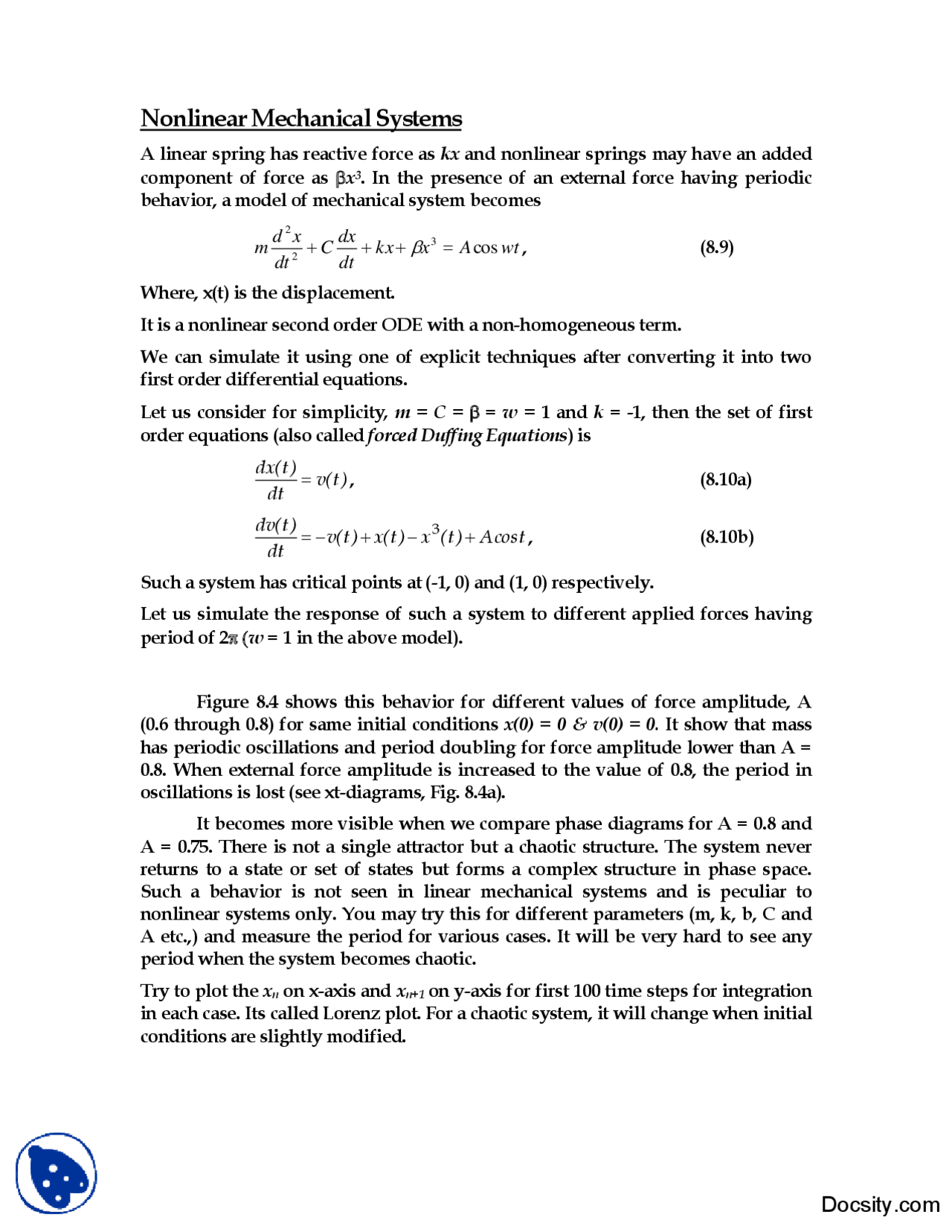 Nonlinear Mechanical,Electrical Systems-Modeling and Simulation-Handouts - Docsity