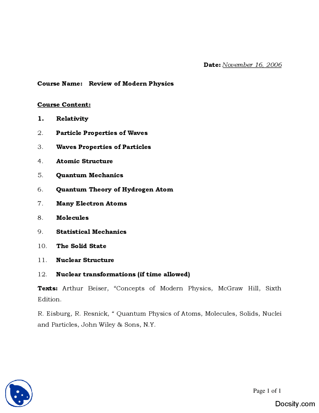 Course Contents Review Of Modern Physics Lecture Slides Docsity