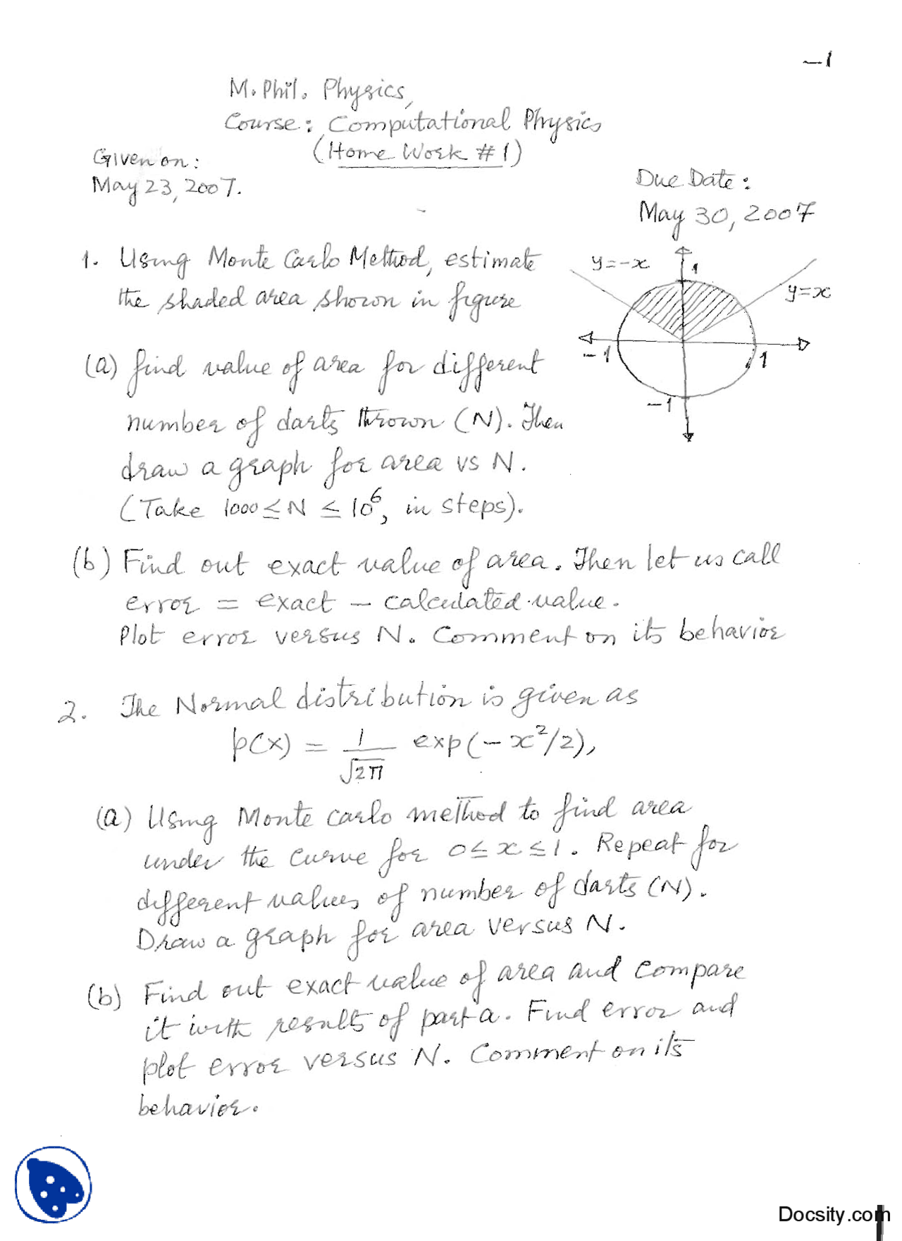 Monte Carlo Mehthod Computational Physics Assignment Docsity