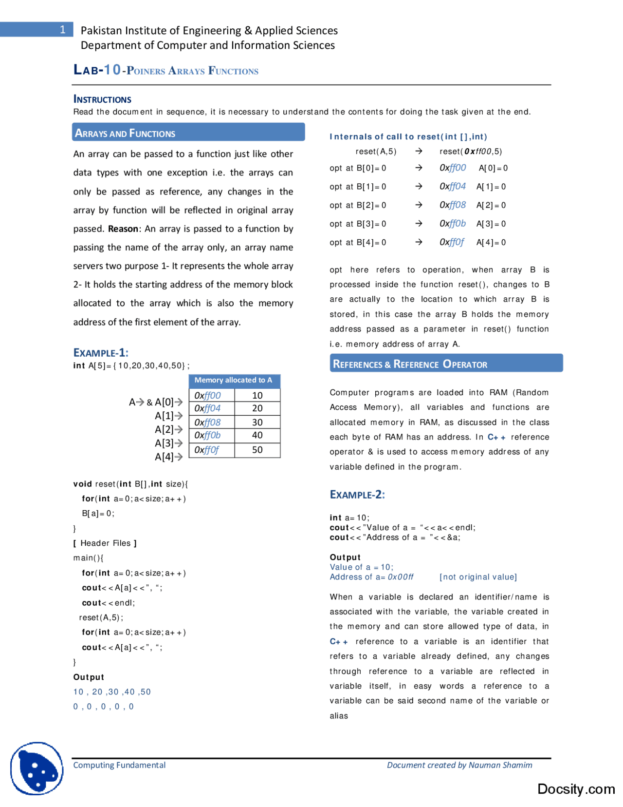 Pointers Arrays Functions-Computer Fundementals-Lab10b-Lab Assignment - Docsity