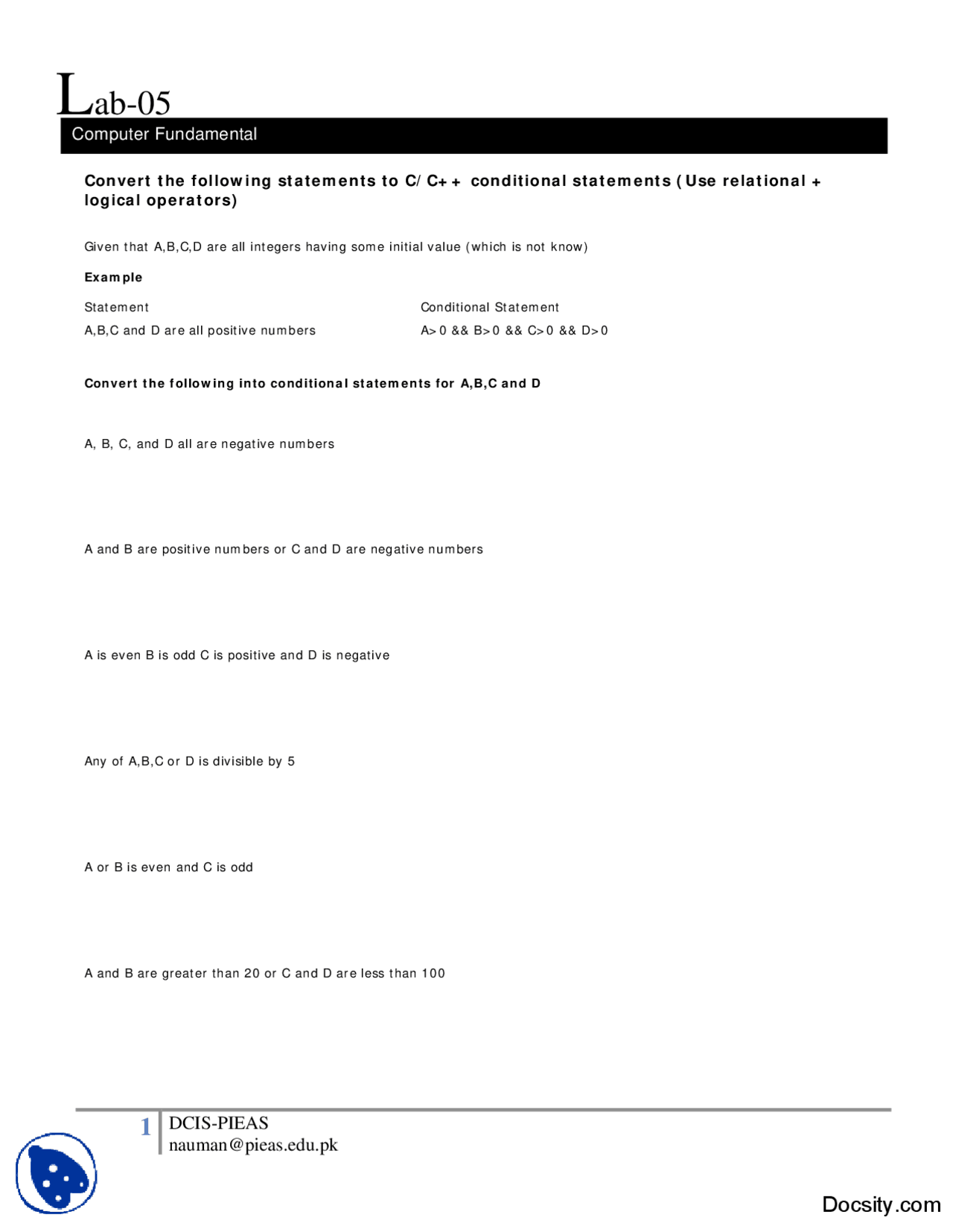 Logical Operators Computer Fundementals Lab 05 Lab Assignment Docsity