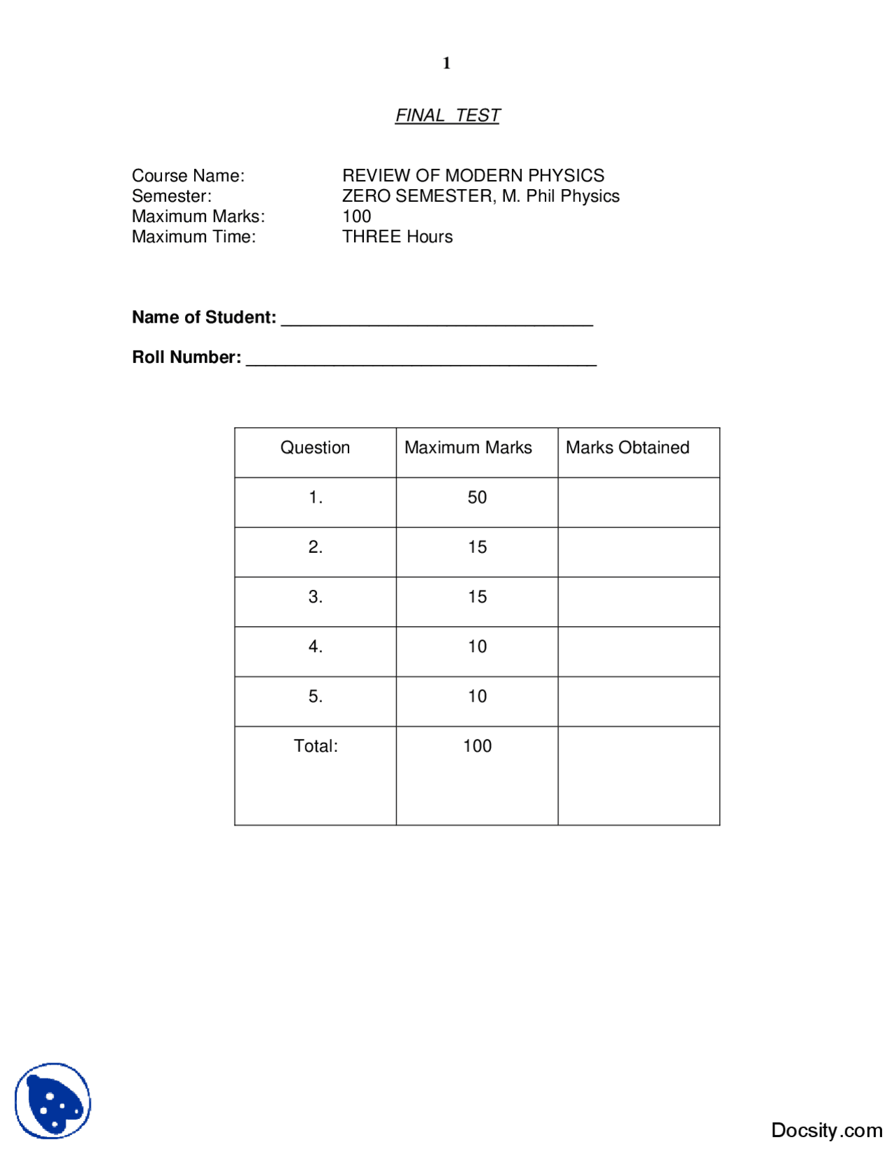 Sample Paper-Review of Modern Physics-Exam Paper - Docsity