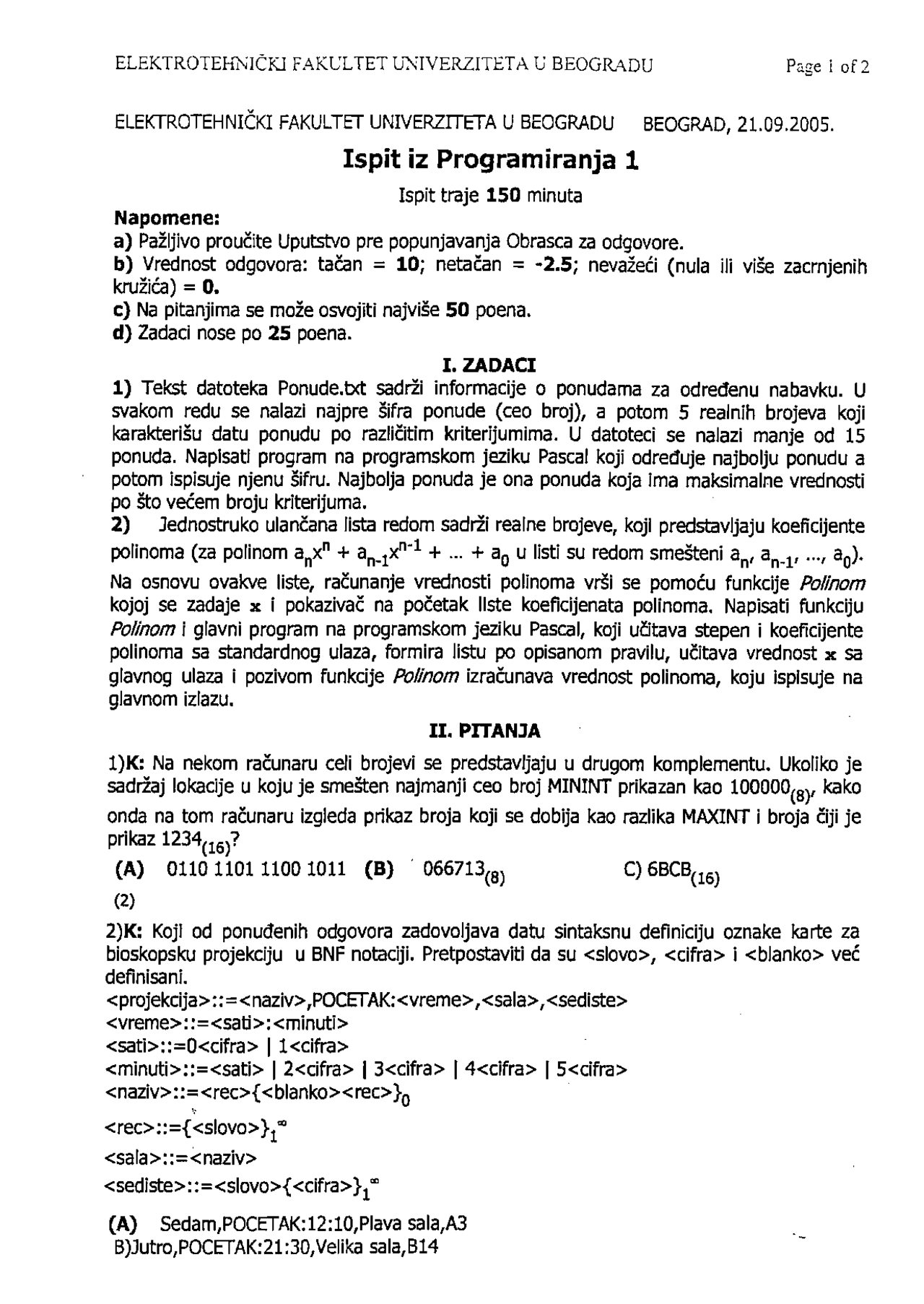 Programiranje 1-Ispit-Elektrotehnicki fakultet rokovi | Ispiti' predlog Programiranje - Docsity
