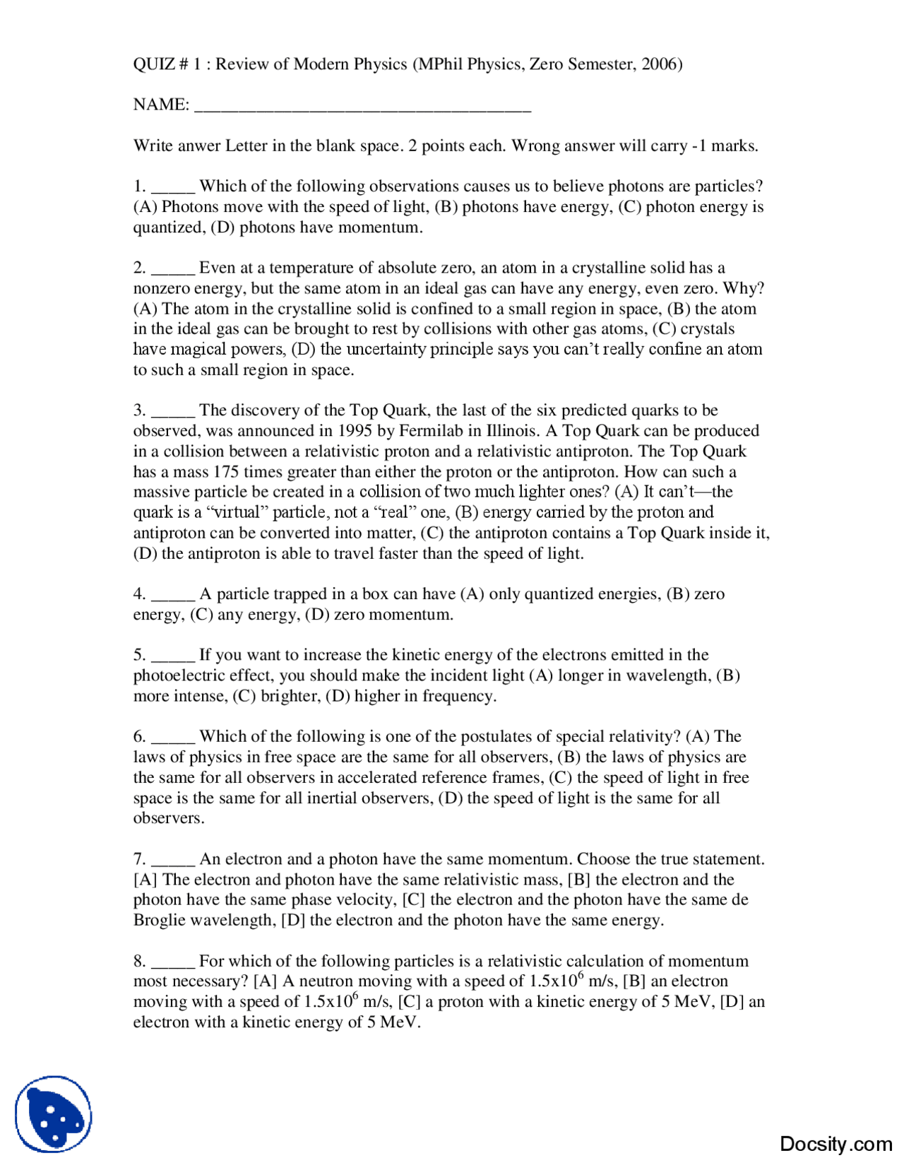 Quarks, Relativity, Mass, Momentum-Review of Modern Physics-Quiz - Docsity