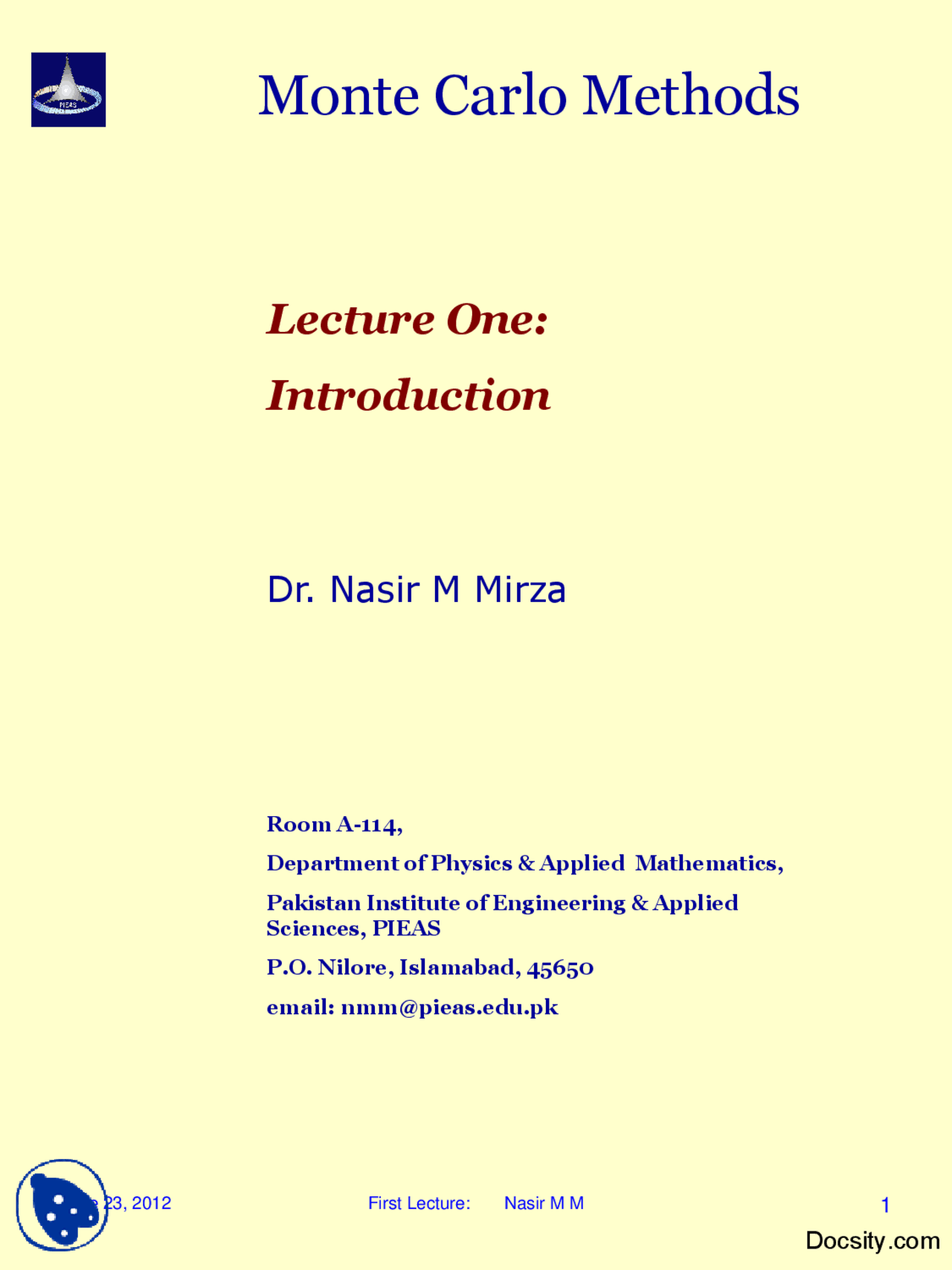 Introduction Monte Carlo Methods Modeling And Simulation Lecture Lecture Notes Mathematical
