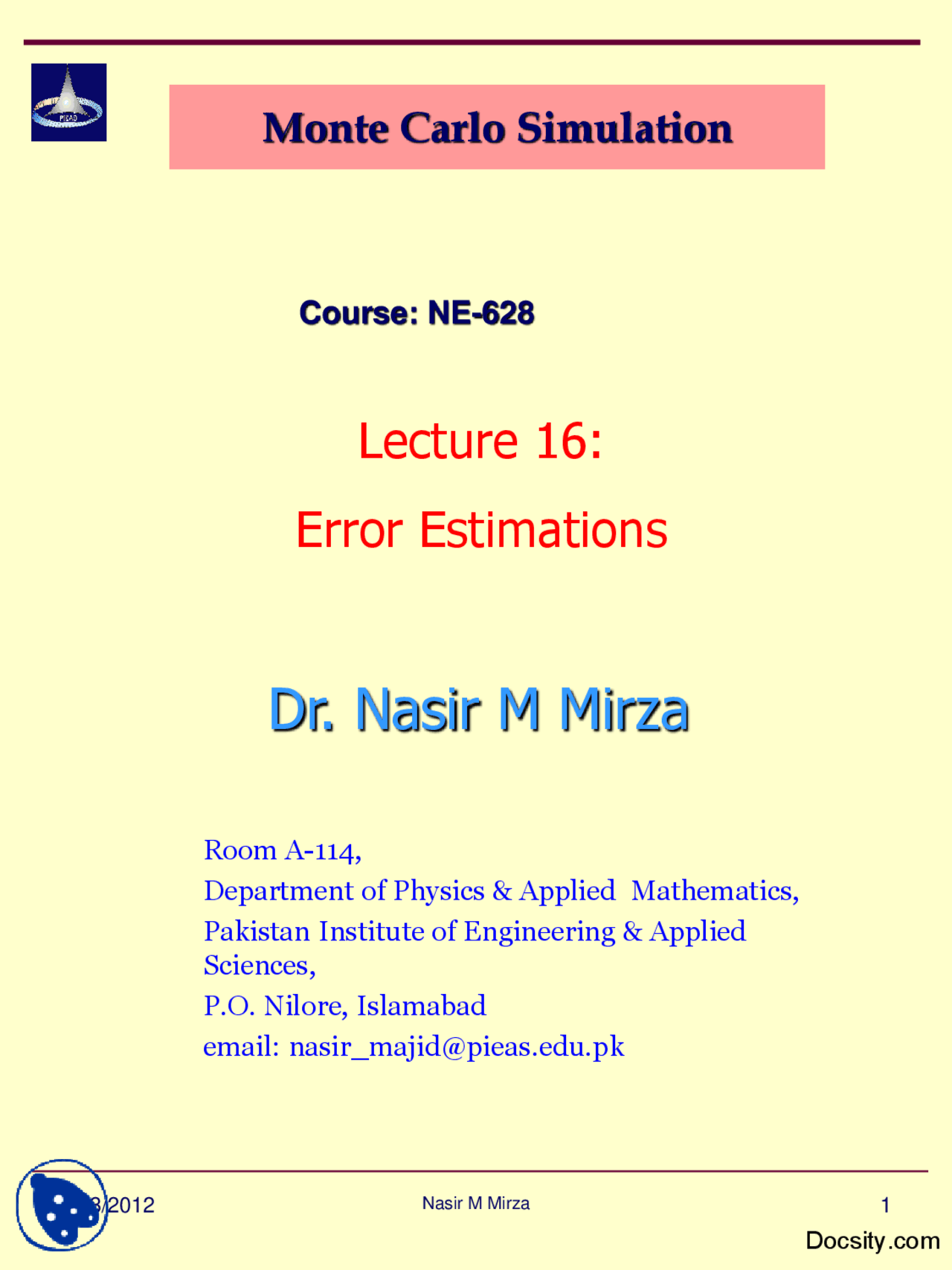 Error Estimation Monte Carlo Simulation Modeling And Simulation Lecture Lecture Notes