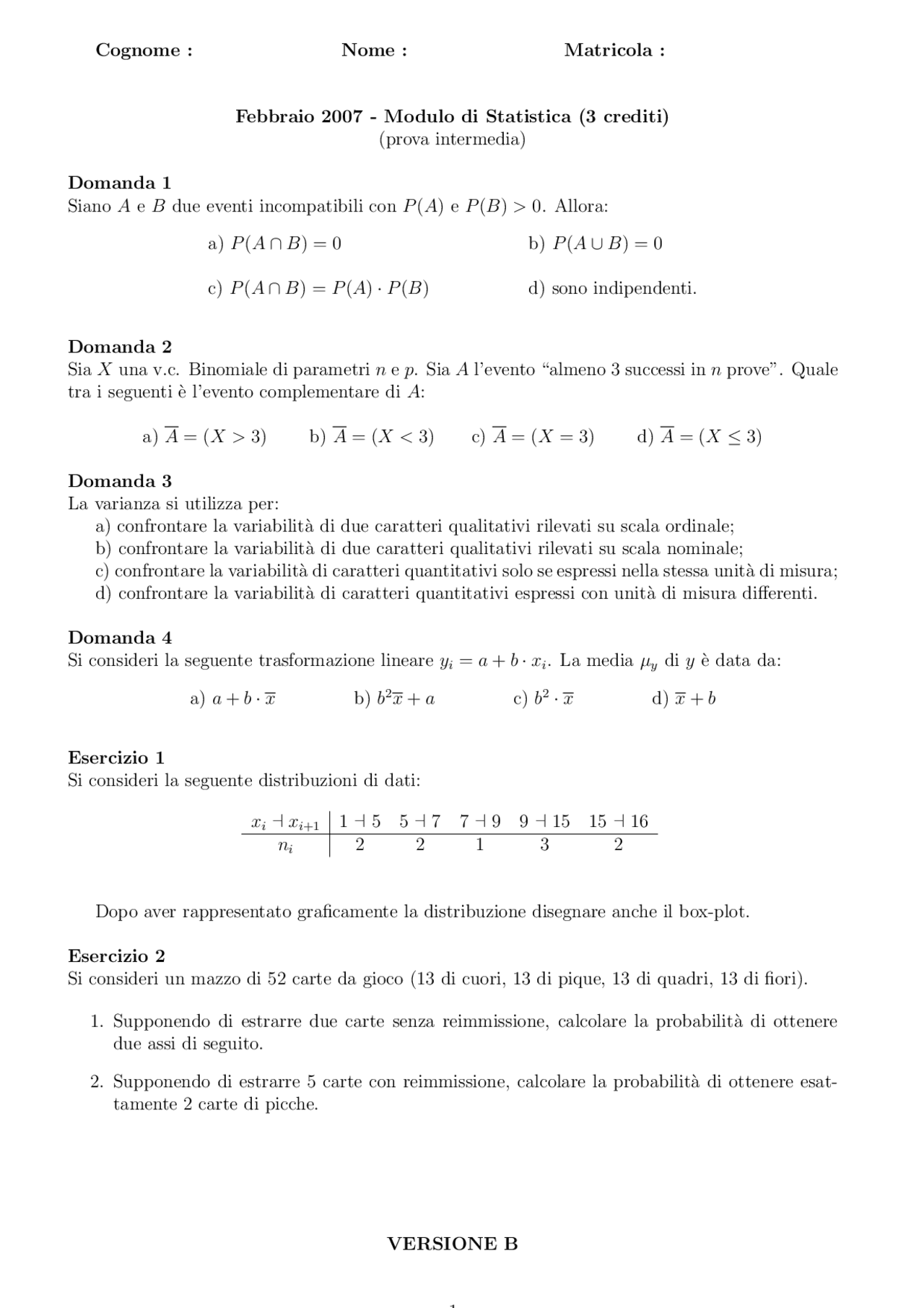Esercitazione Statistica 2 Docsity
