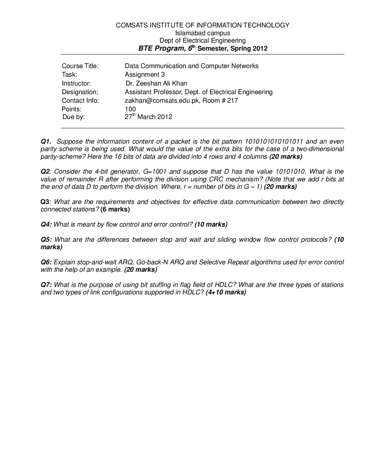 Parity Schemes-Data Communication and Computer Networks-Assignment - Docsity