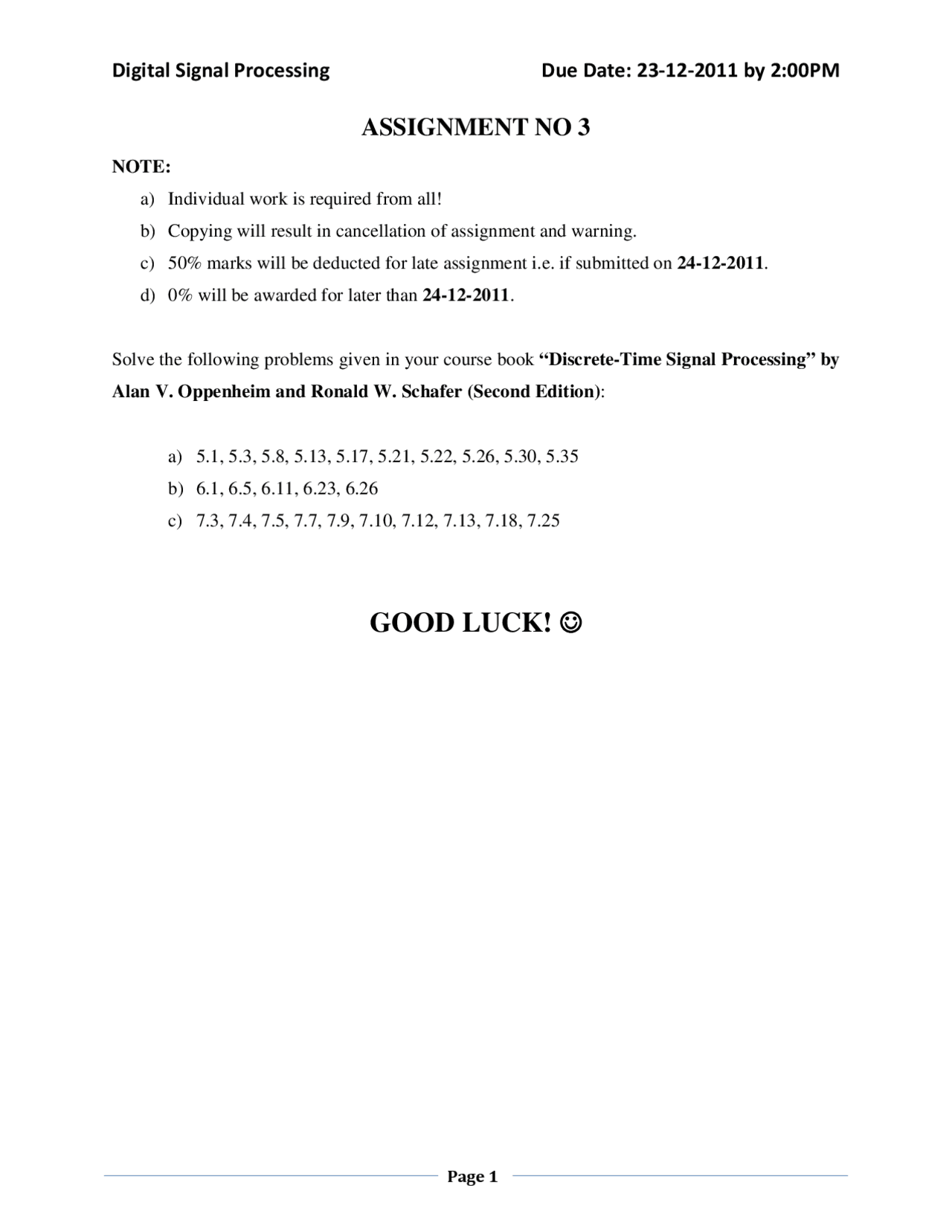 Discrete Time Signal Processing-Digital Signal Processing-Assignment - Docsity
