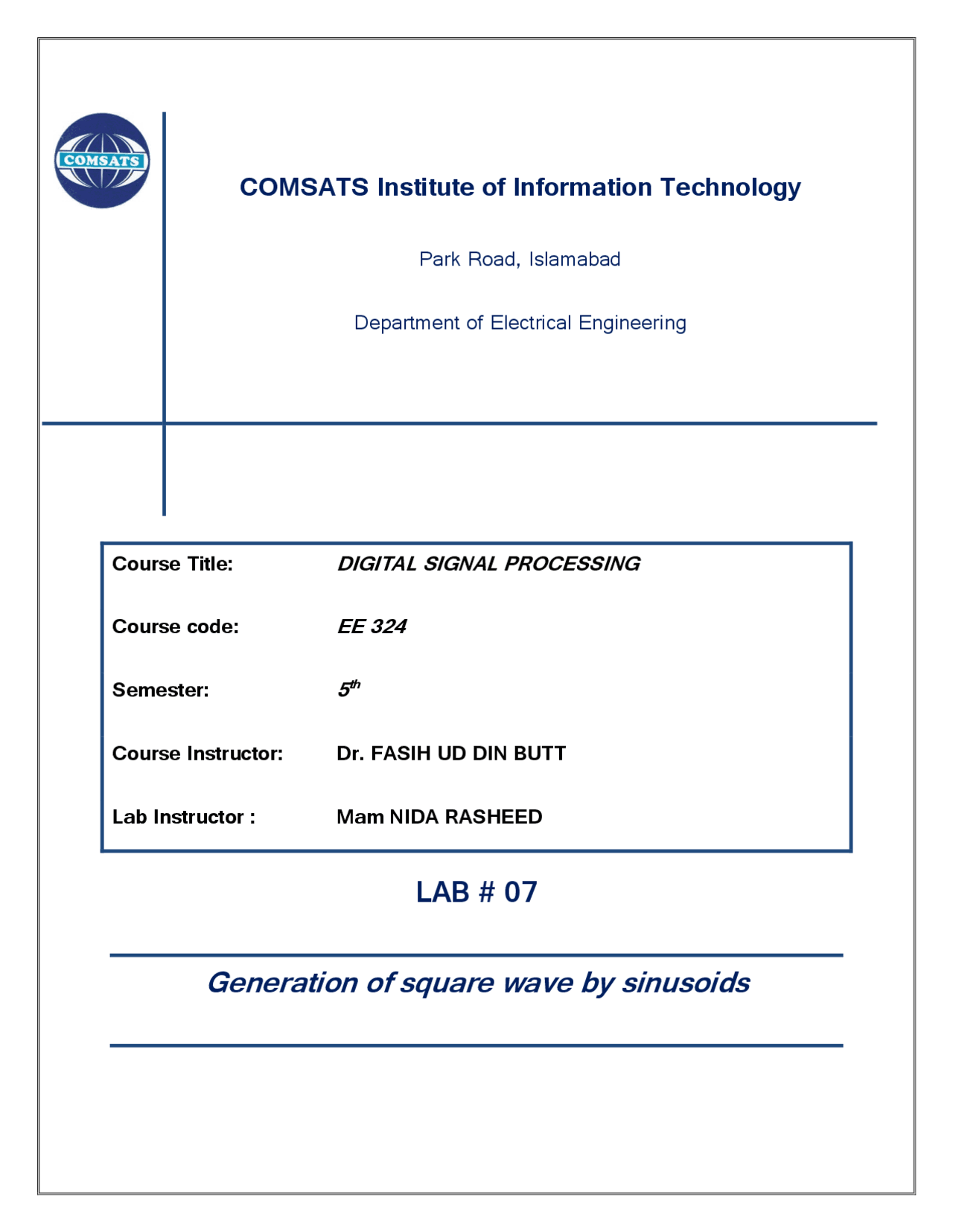 Generation of Square Wave by Sinusoids-Digital Signal Processing-Lab Report - Docsity