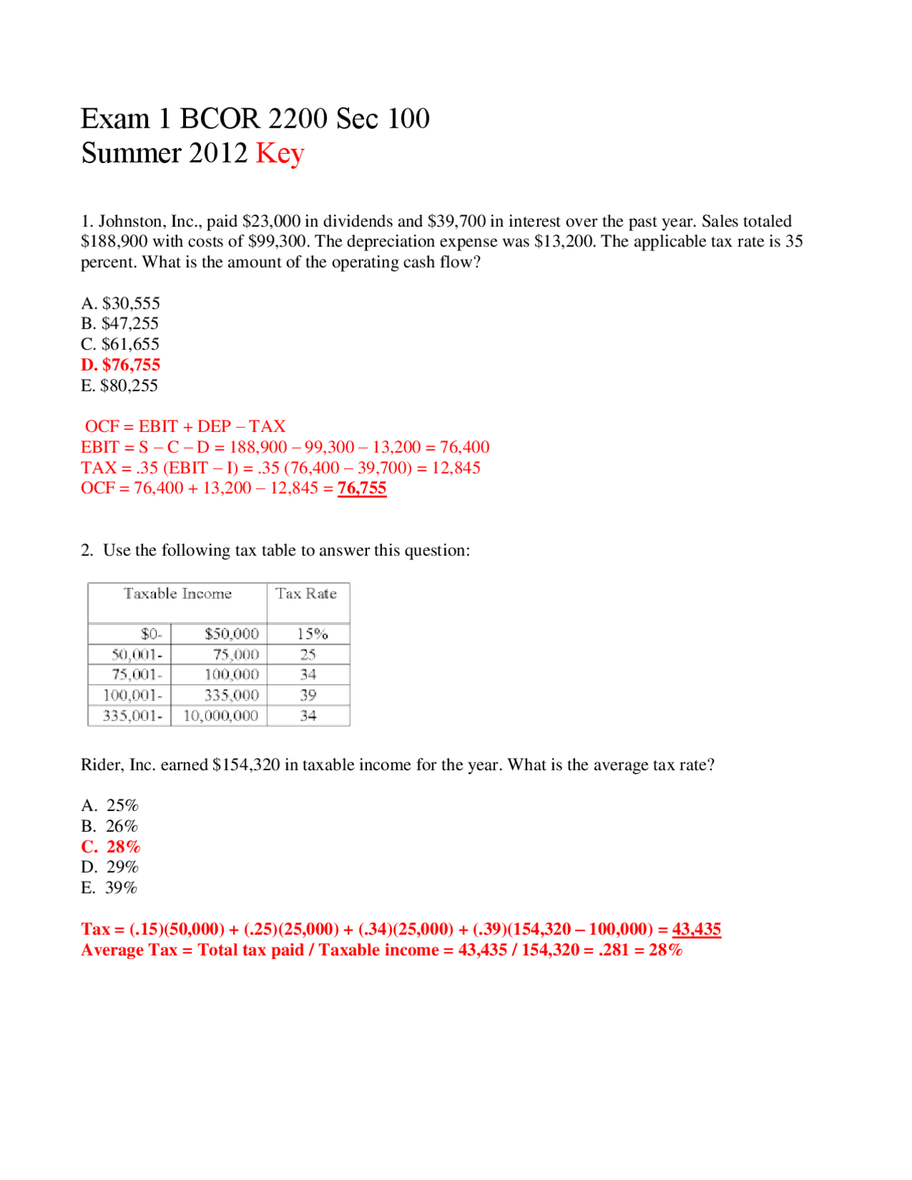 Exam I Solved Introductory Finance Bcor 2200 Docsity