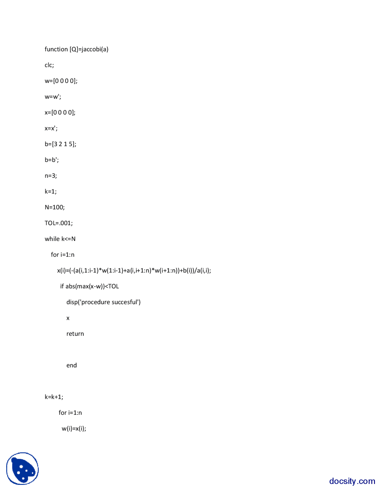 Jacobi Method-Numerical Methods-MATLAB Code - Docsity