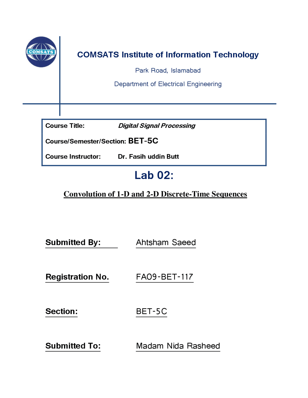 Convolution Of 1 D And 2 D Discrete Time Sequences Digital Signal
