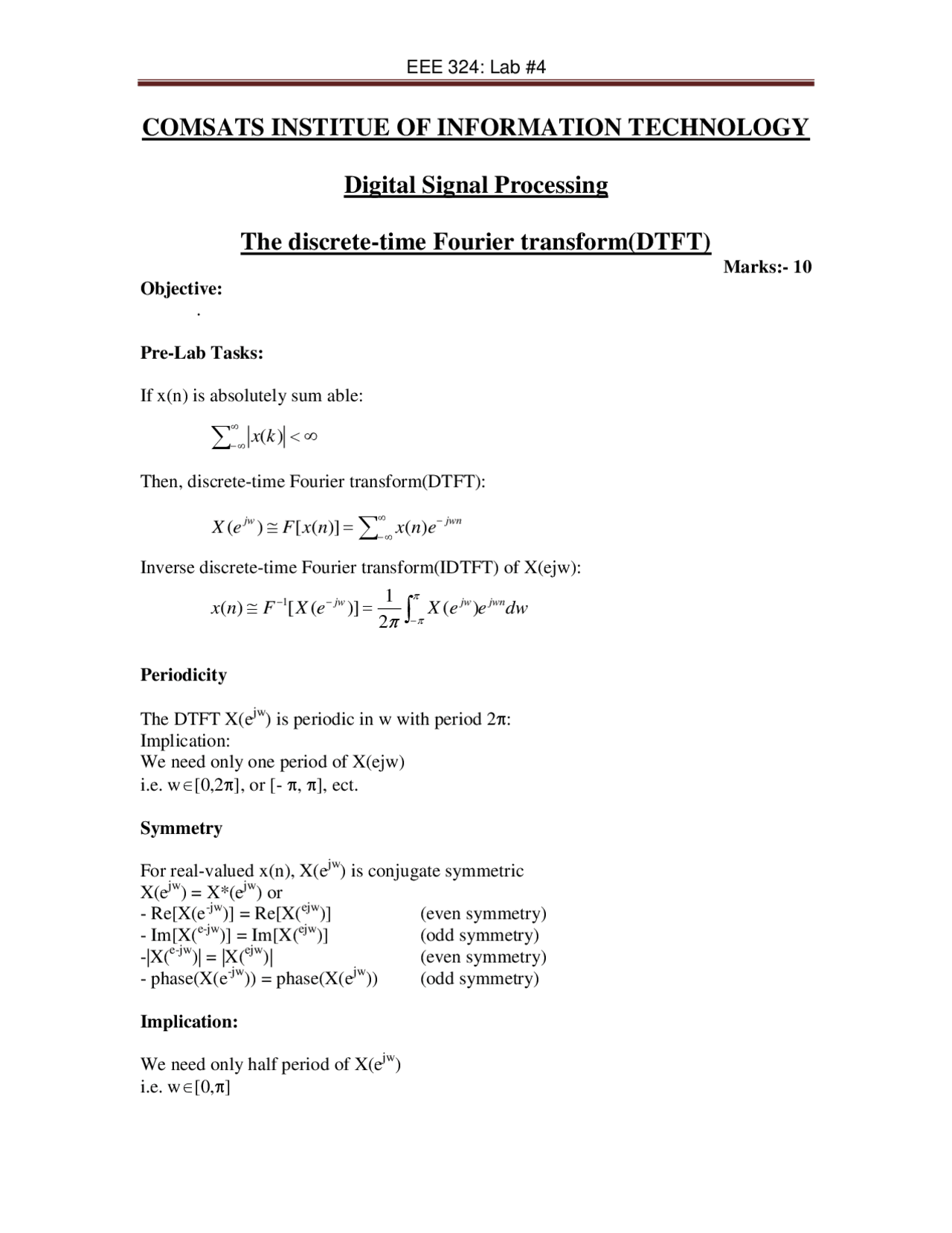 Discrete Time Fourier Transform Digital Signal Processing Lab Manual