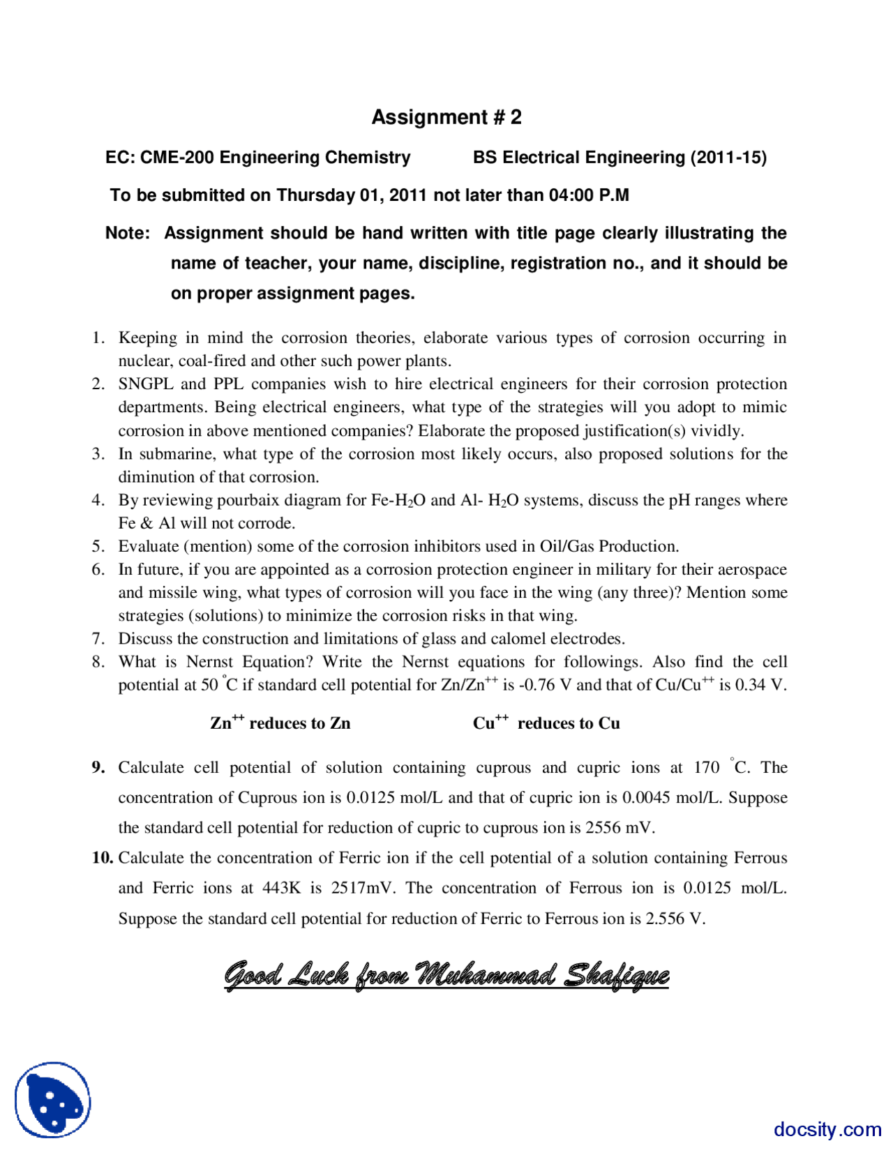 Introduction To Engineering Chemistry Engineering Chemistry Assignment Docsity