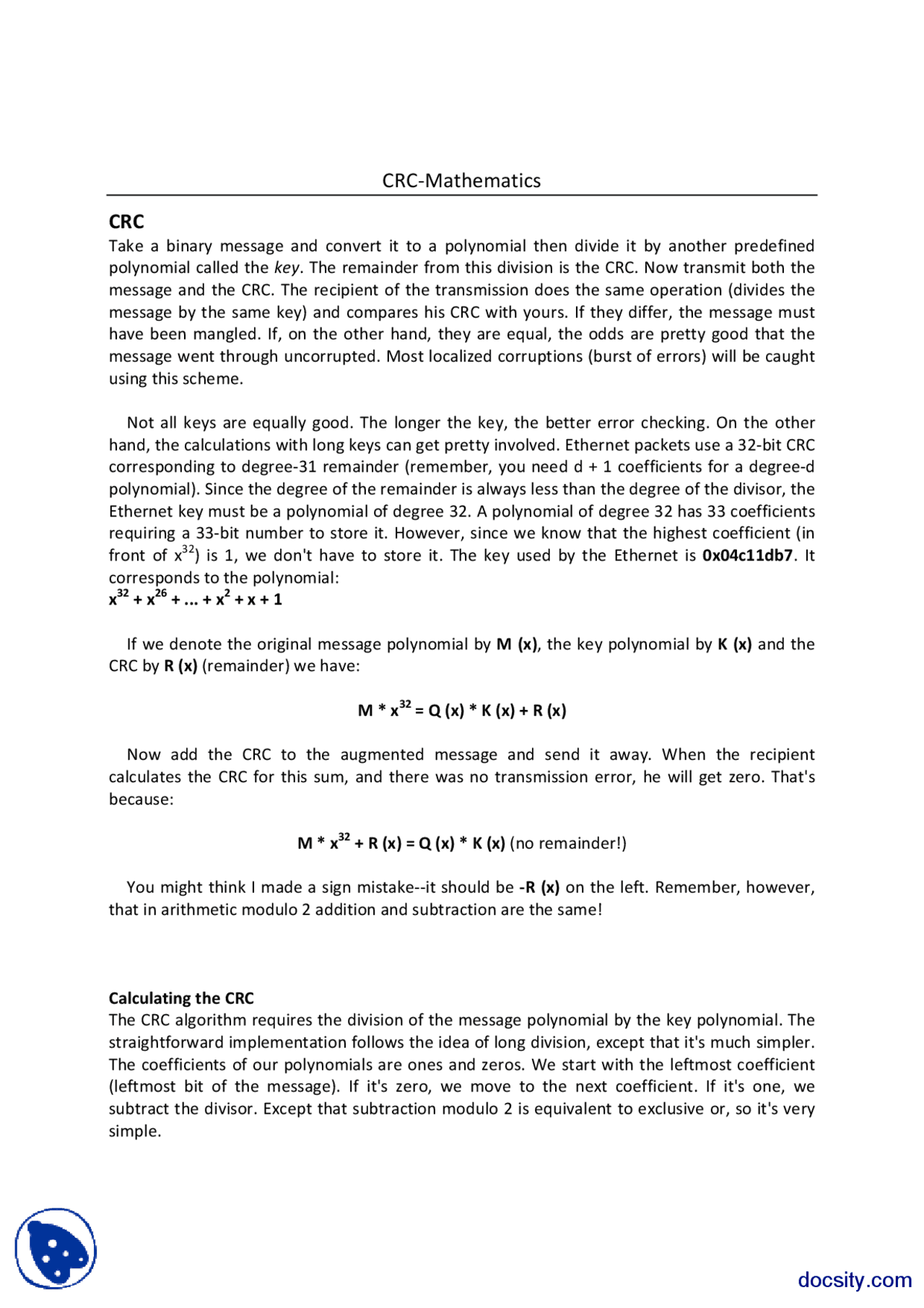 CRC Mathematics-Data Communication-Lecture Handouts - Docsity